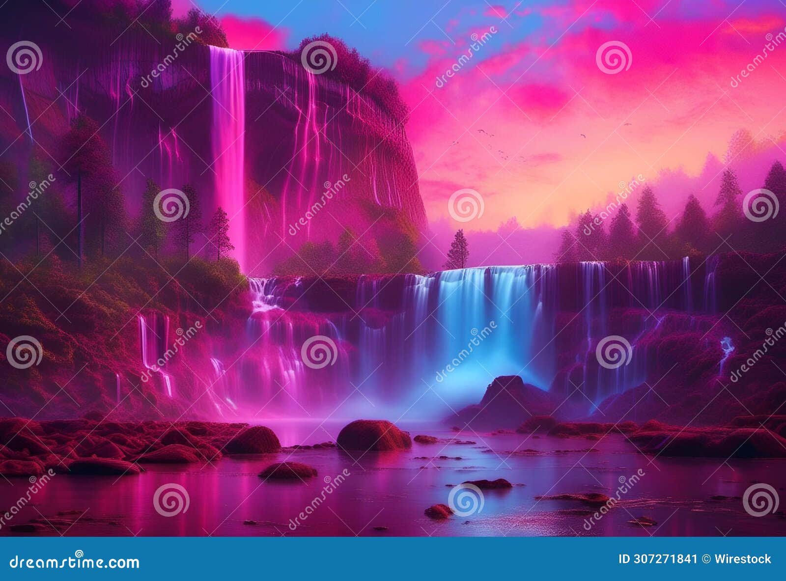 Pink Waterfall and Trees in the Background of Purple Sky with Lights ...