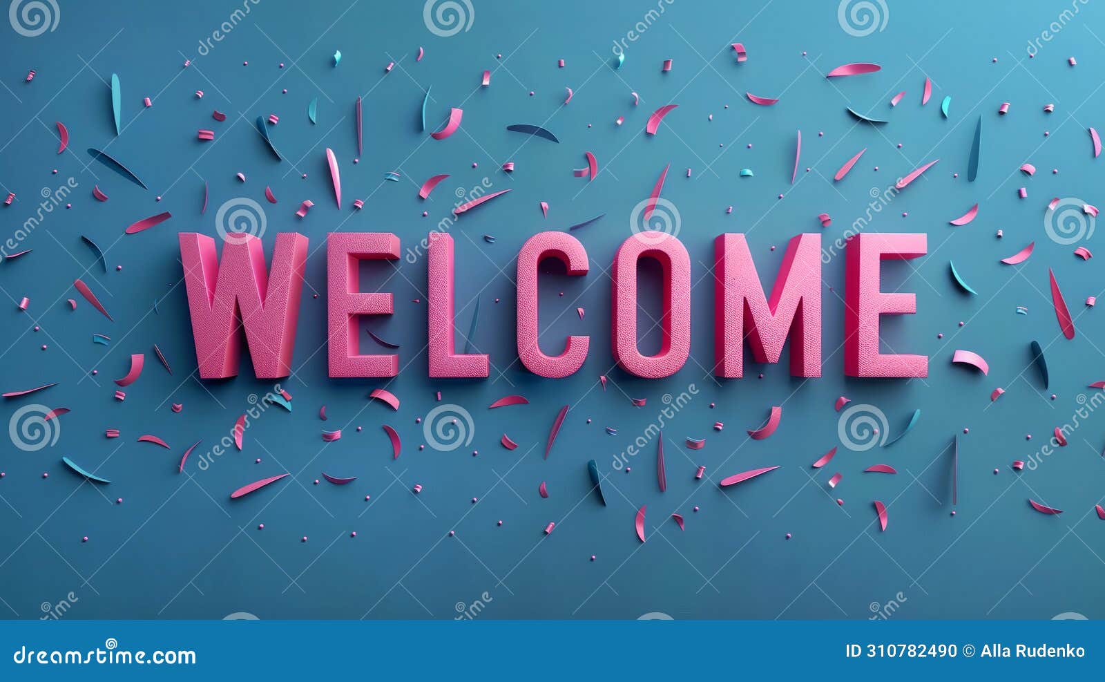 Pink Welcome Text with Confetti on Blue Backdrop, Message Stock Photo ...