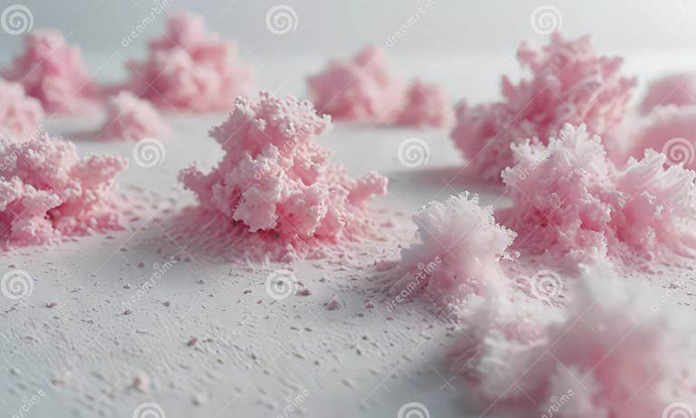Pink and White Fluffy Objects are Scattered Across White Surface ...