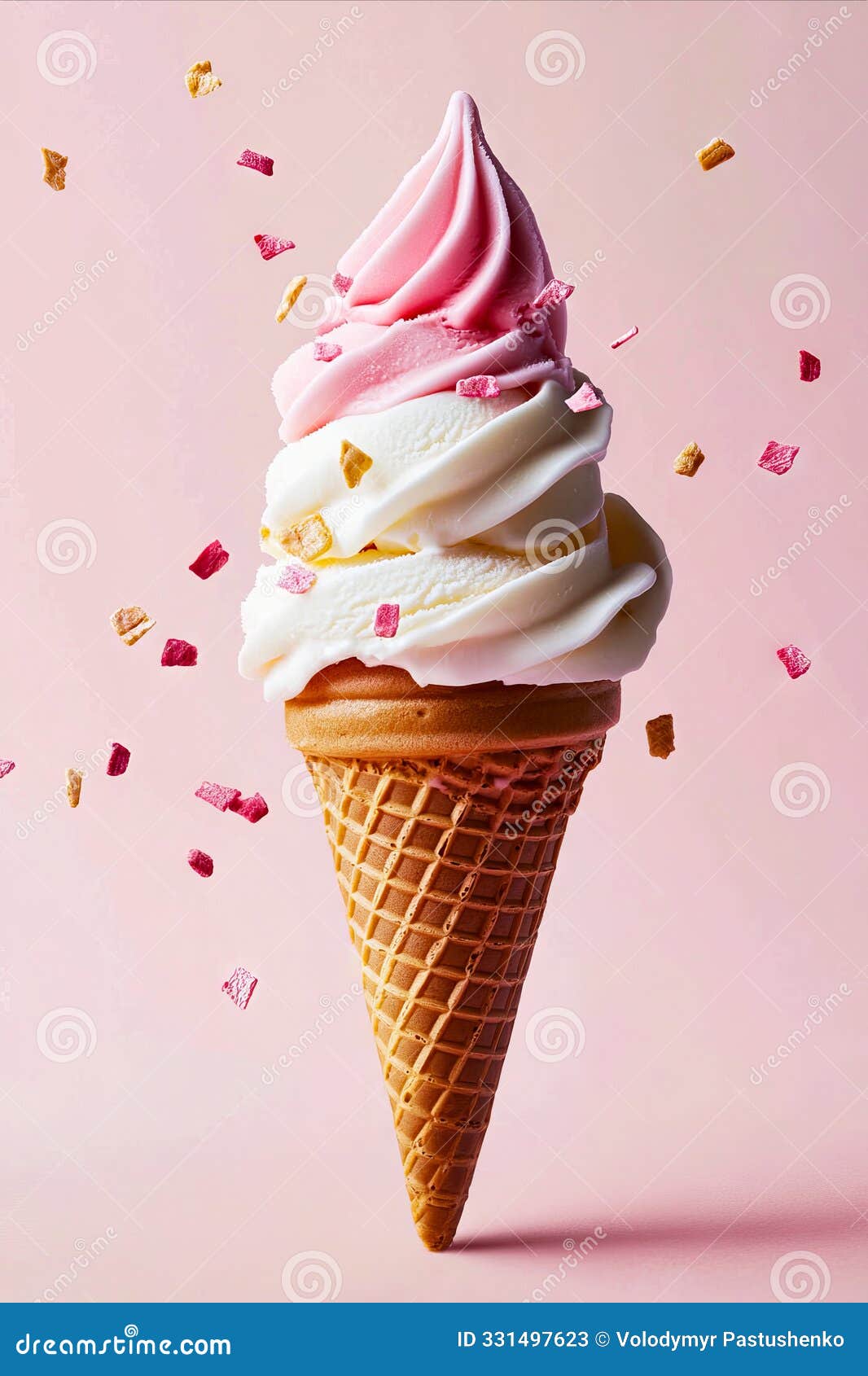 A Pink and White Ice Cream Cone with Sprinkles Falling Out of it Stock ...