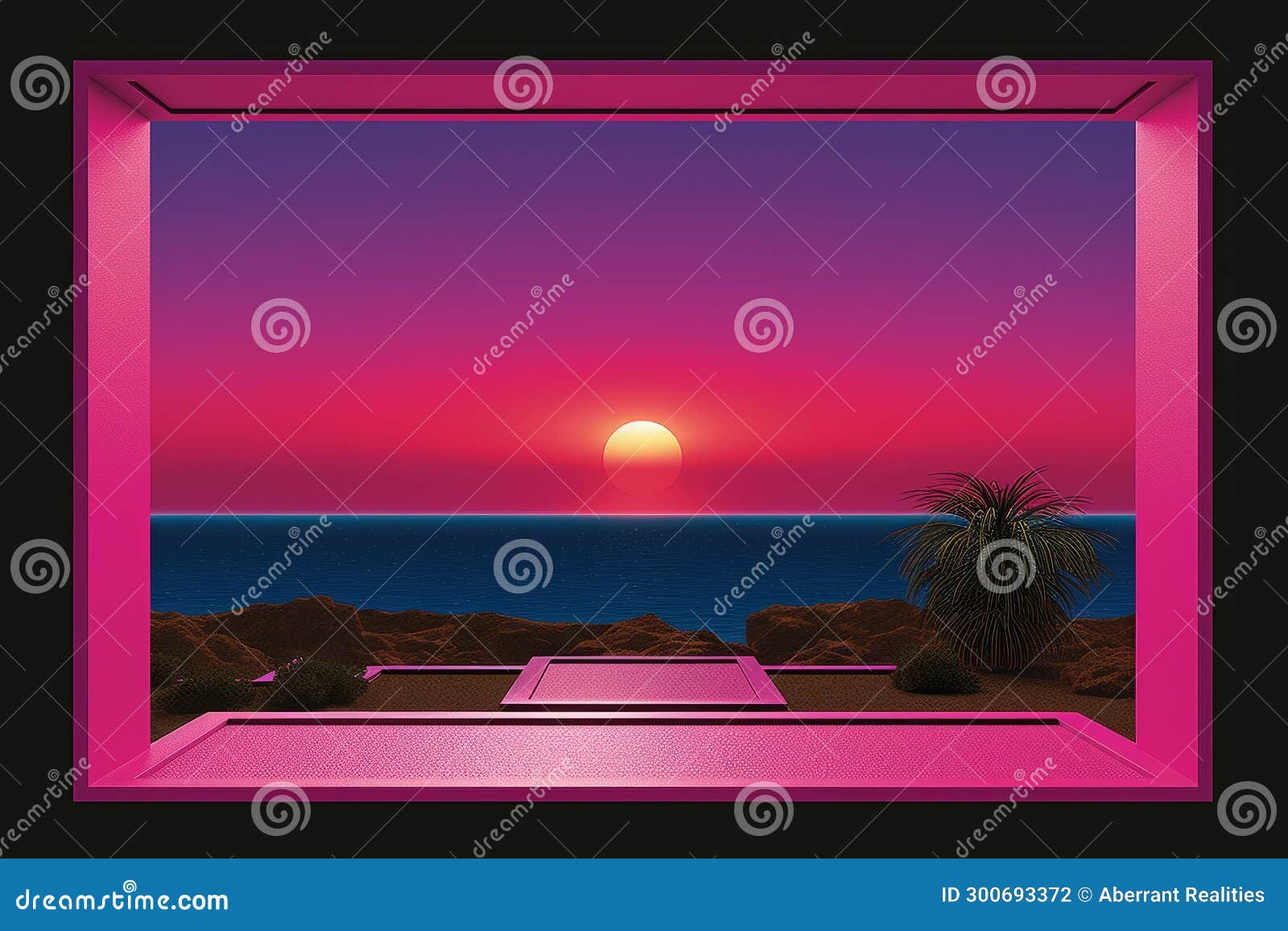 A Pink Window with a View of the Ocean and Sunset Stock Illustration ...
