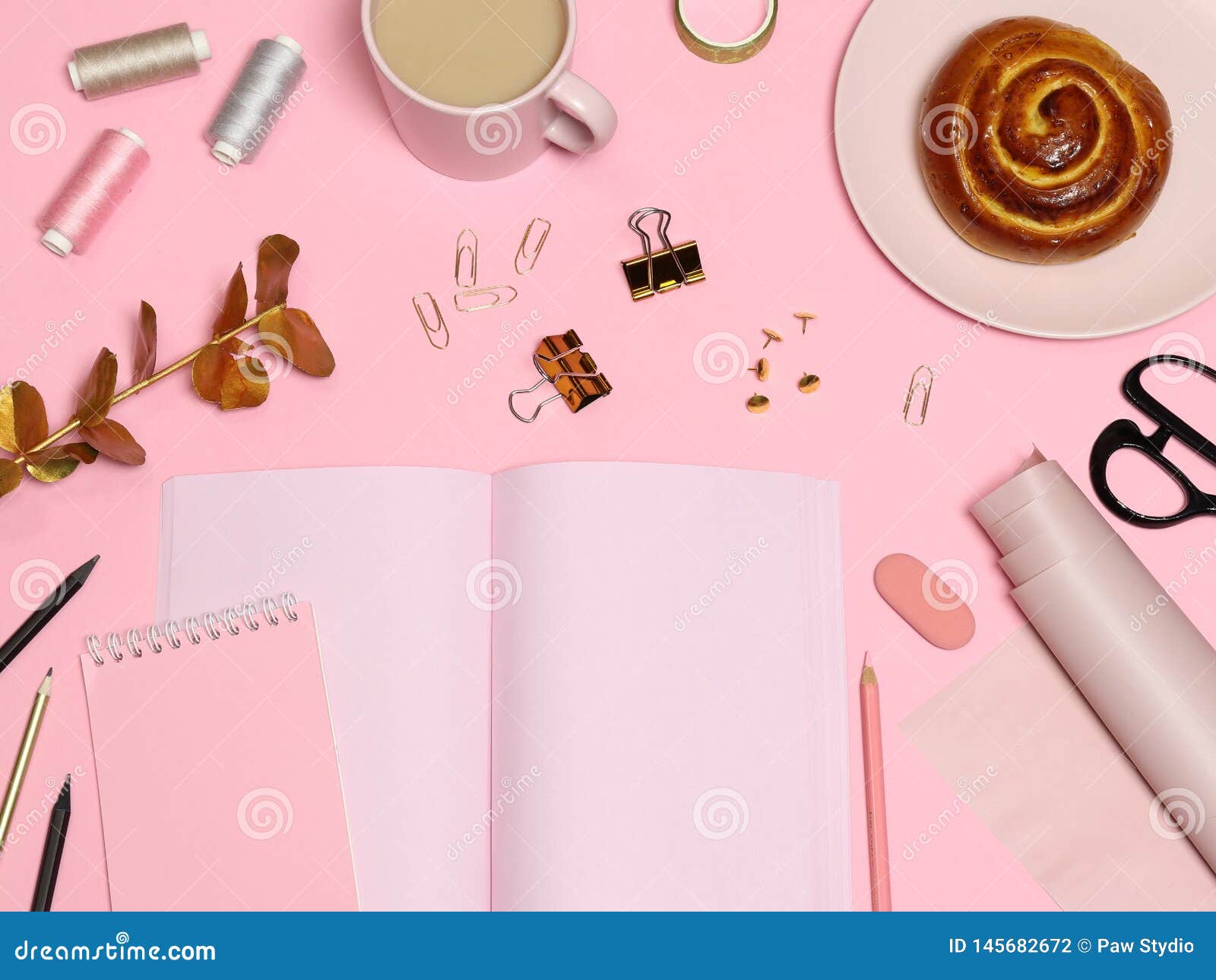 Pink Work Table with Notes Paper, Office Accessories, Coffee, Baking ...