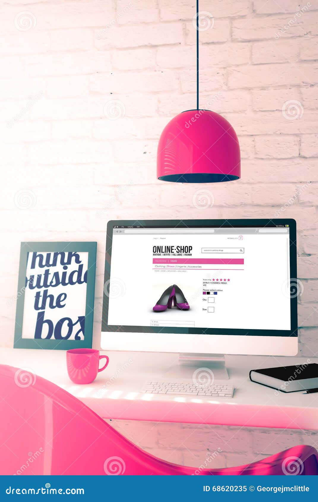 Pink Workspace with Computer Showing Online Shop Stock Illustration ...