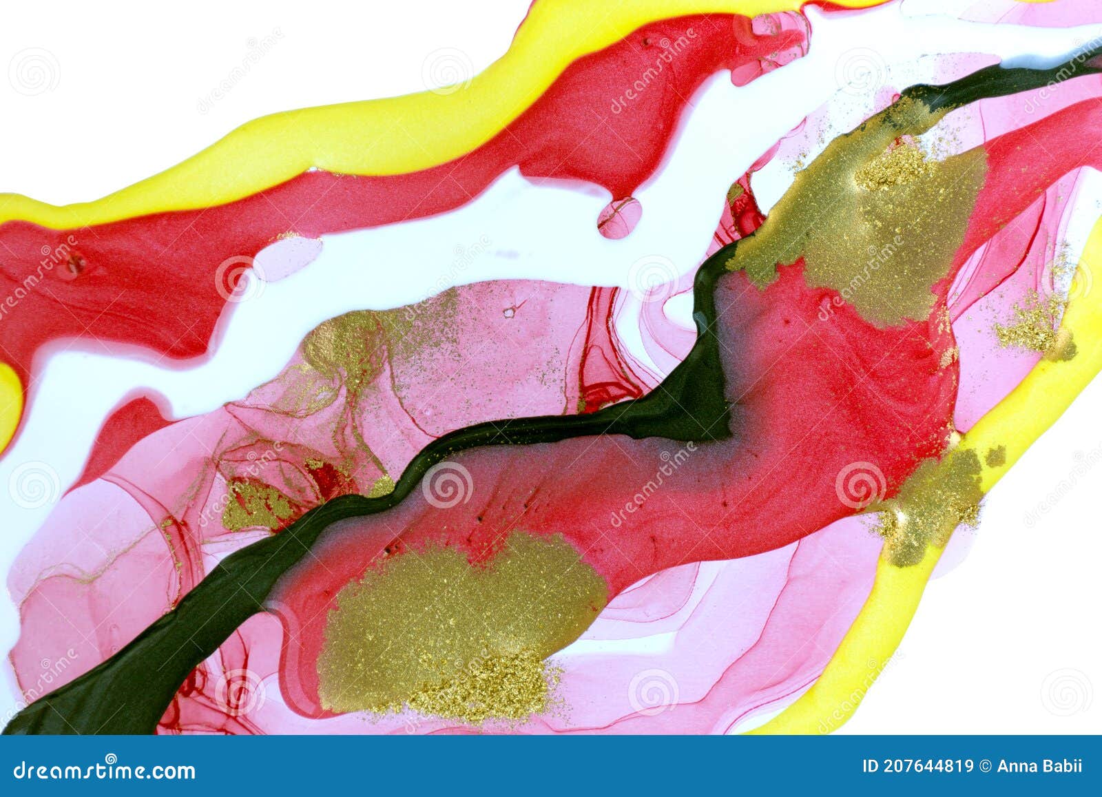 Pink, Yellow and Gold Mixed Inks on White Background. Golden Glitter ...