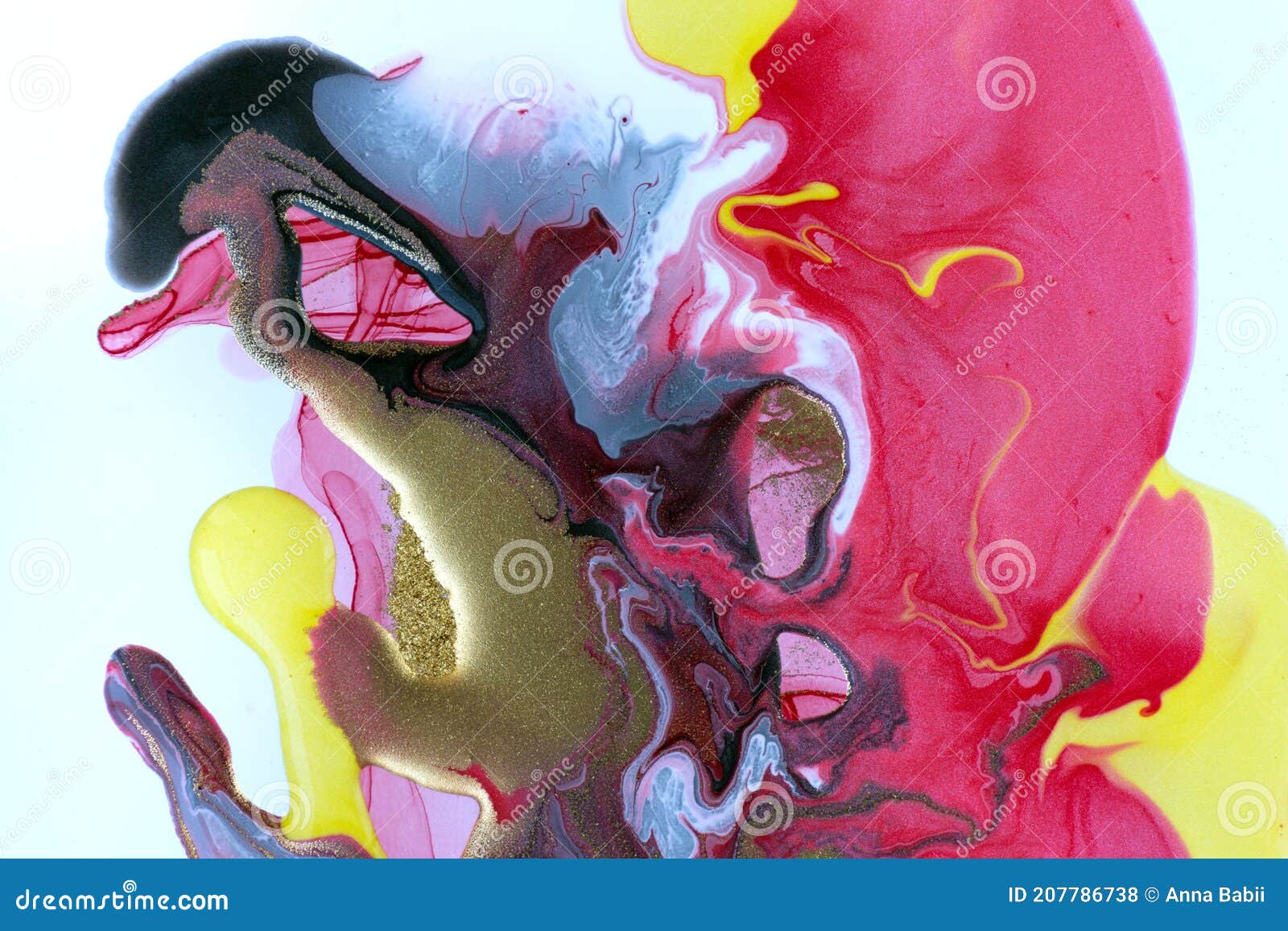 Pink, Yellow and Gold Mixed Inks on White Background. Golden Glitter ...