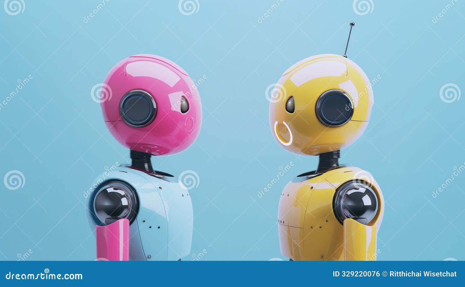 Pink and Yellow Robots Facing Each Other Against a Blue Background ...