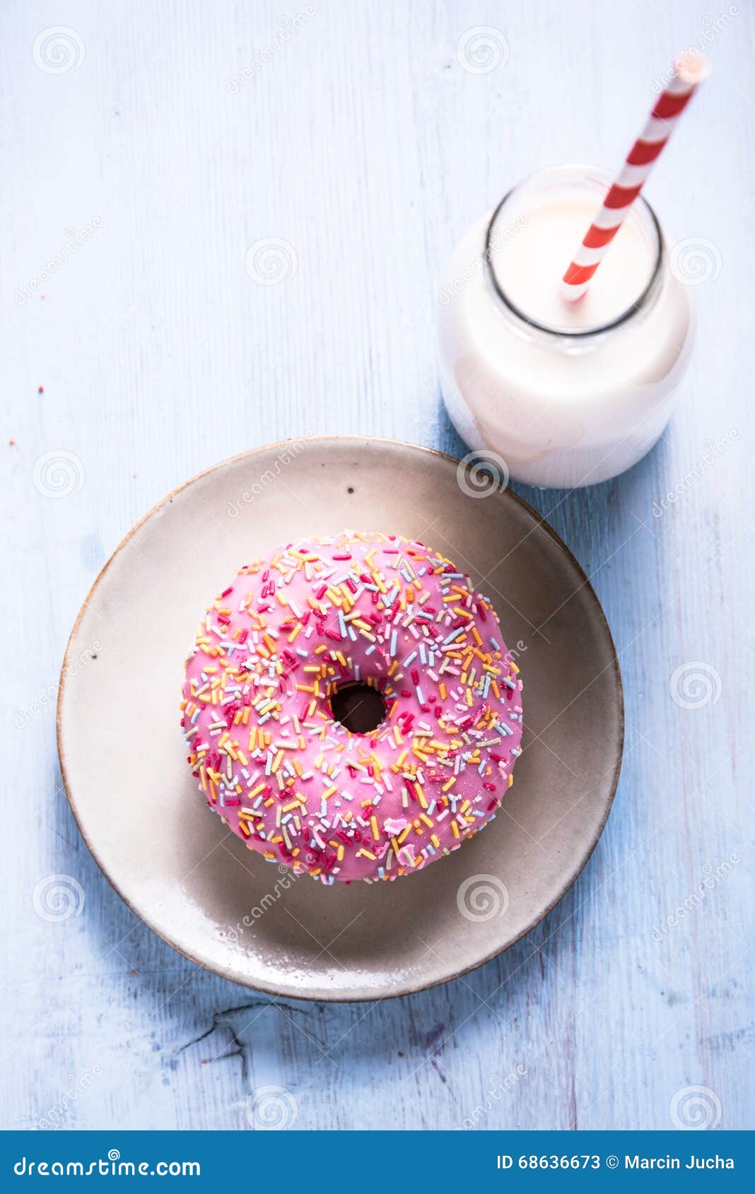 Pinky donut and milk stock image. Image of snack, round - 68636673