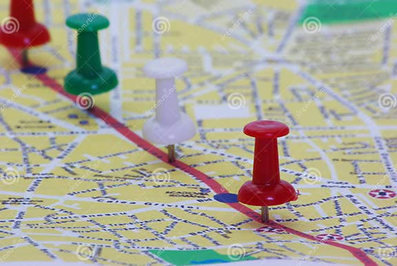 Pinned route on map stock image. Image of land, cartography - 9925087