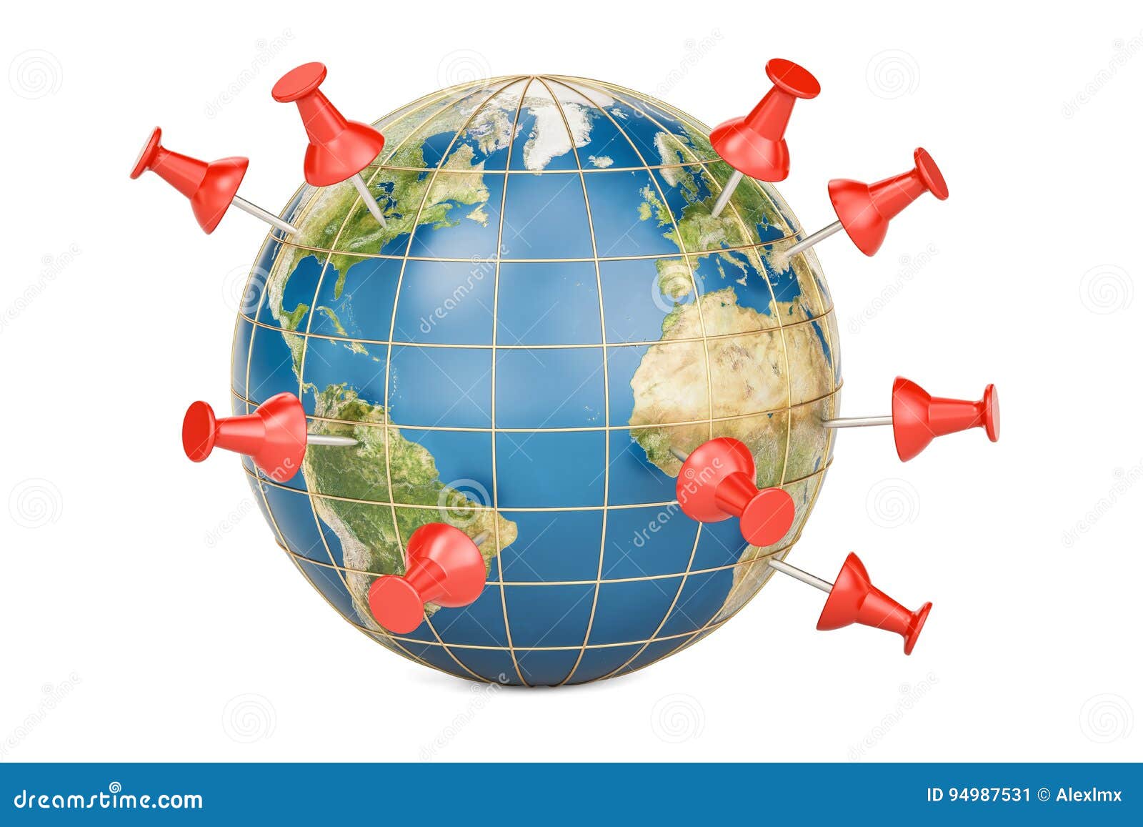 Pinned World, Push Pins on Globe, 3D Stock Illustration - Illustration ...