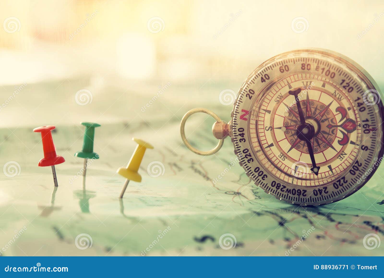 Pins Attached To Map, Showing Location or Travel Destination and Old ...