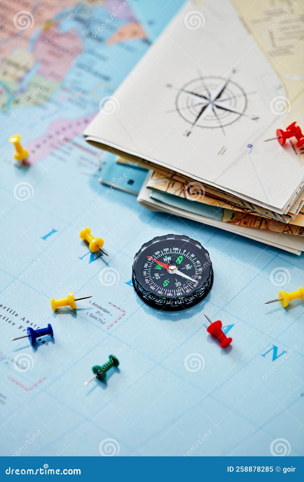 Pins, compass and pins stock image. Image of object - 258878285