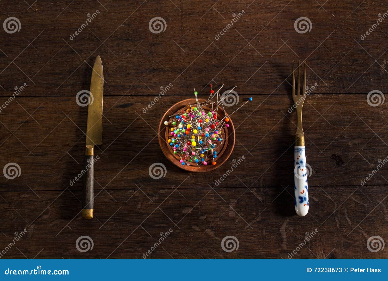 Pins, fork and knife stock image. Image of food, self - 72238673