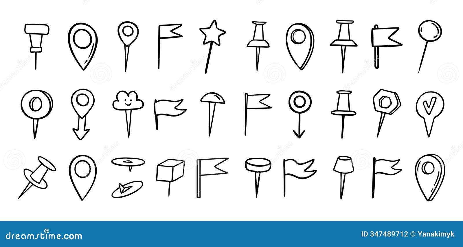 Pins Hand Drawn Doodle Set. Pin Line Drawing Style for Planner or Map ...