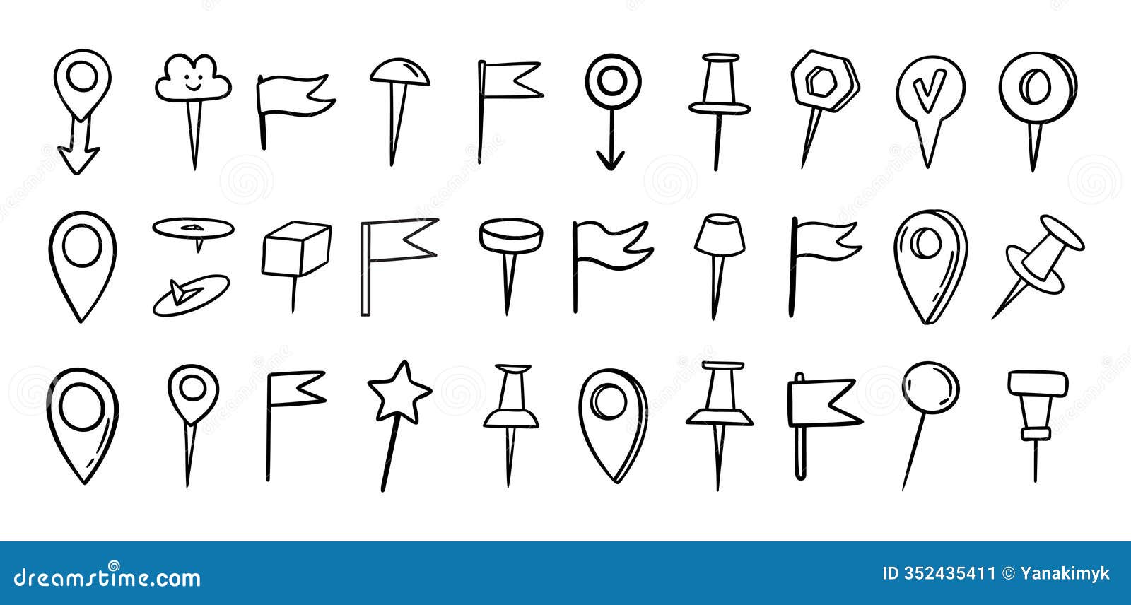 Pins Hand Drawn Doodle Set. Pin Line Drawing Style for Planner or Map ...