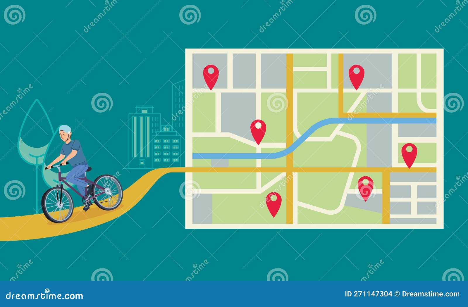 Pins Locations in Map and Cyclist Stock Vector - Illustration of ...