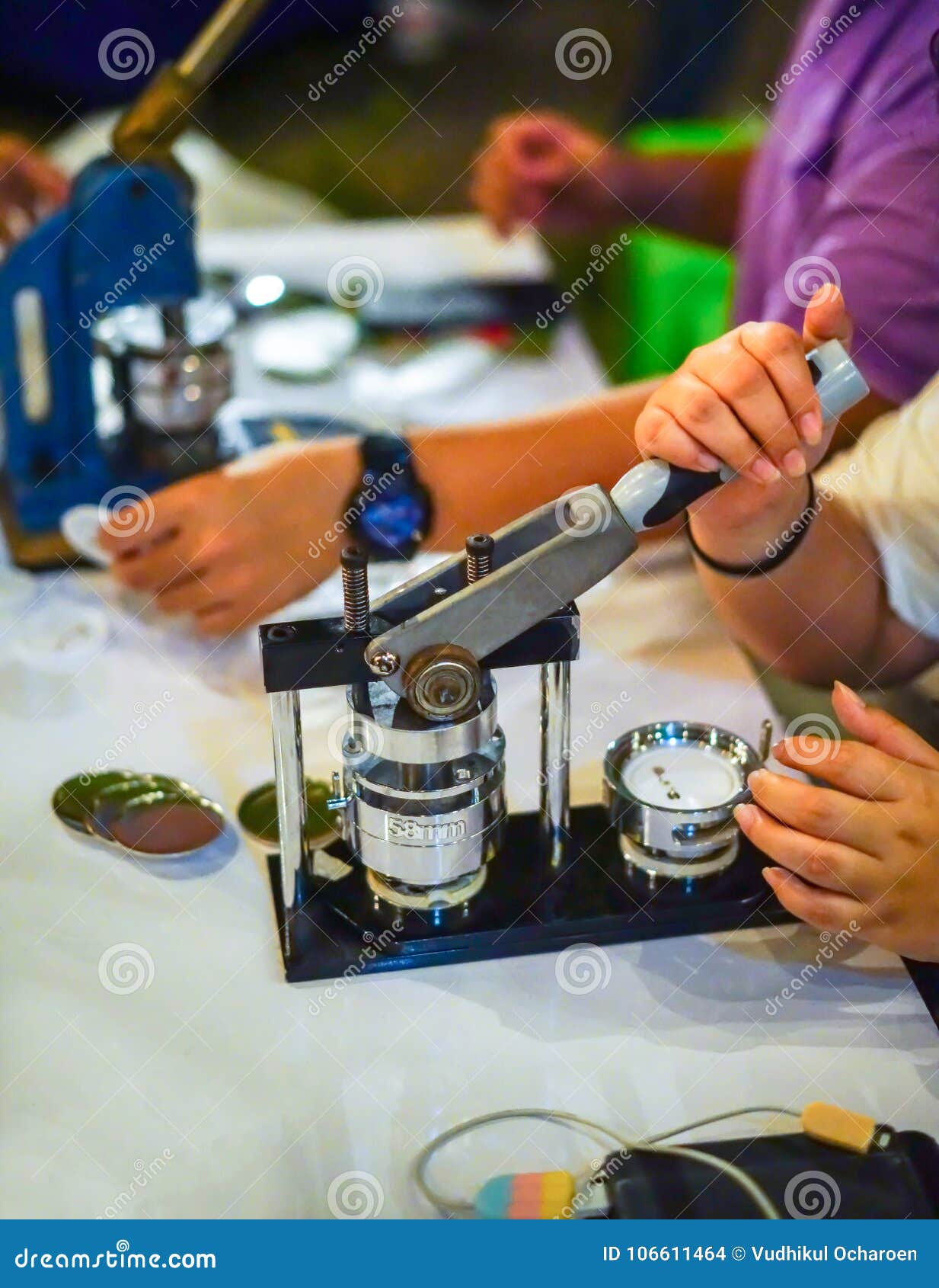 Pins Press Machine with Empty Pins and Ready Pins. Stock Photo - Image ...