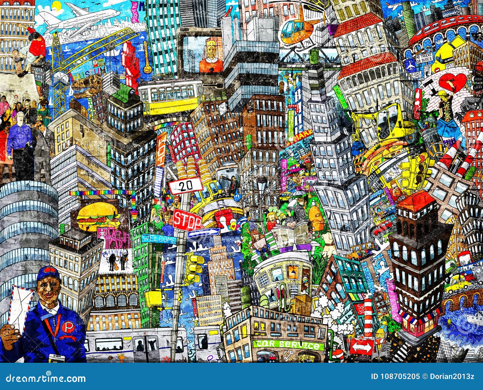 Pintada, Ciudad, Un Ejemplo De Un Collage Grande Stock de ilustración ...