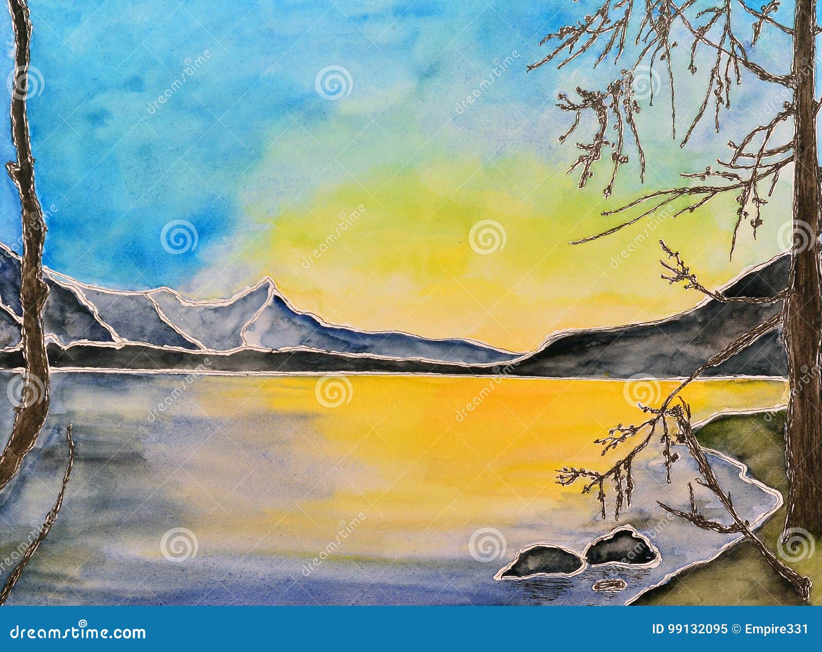 Pintura De La Acuarela, Lago Stock de ilustración - Ilustración de ...