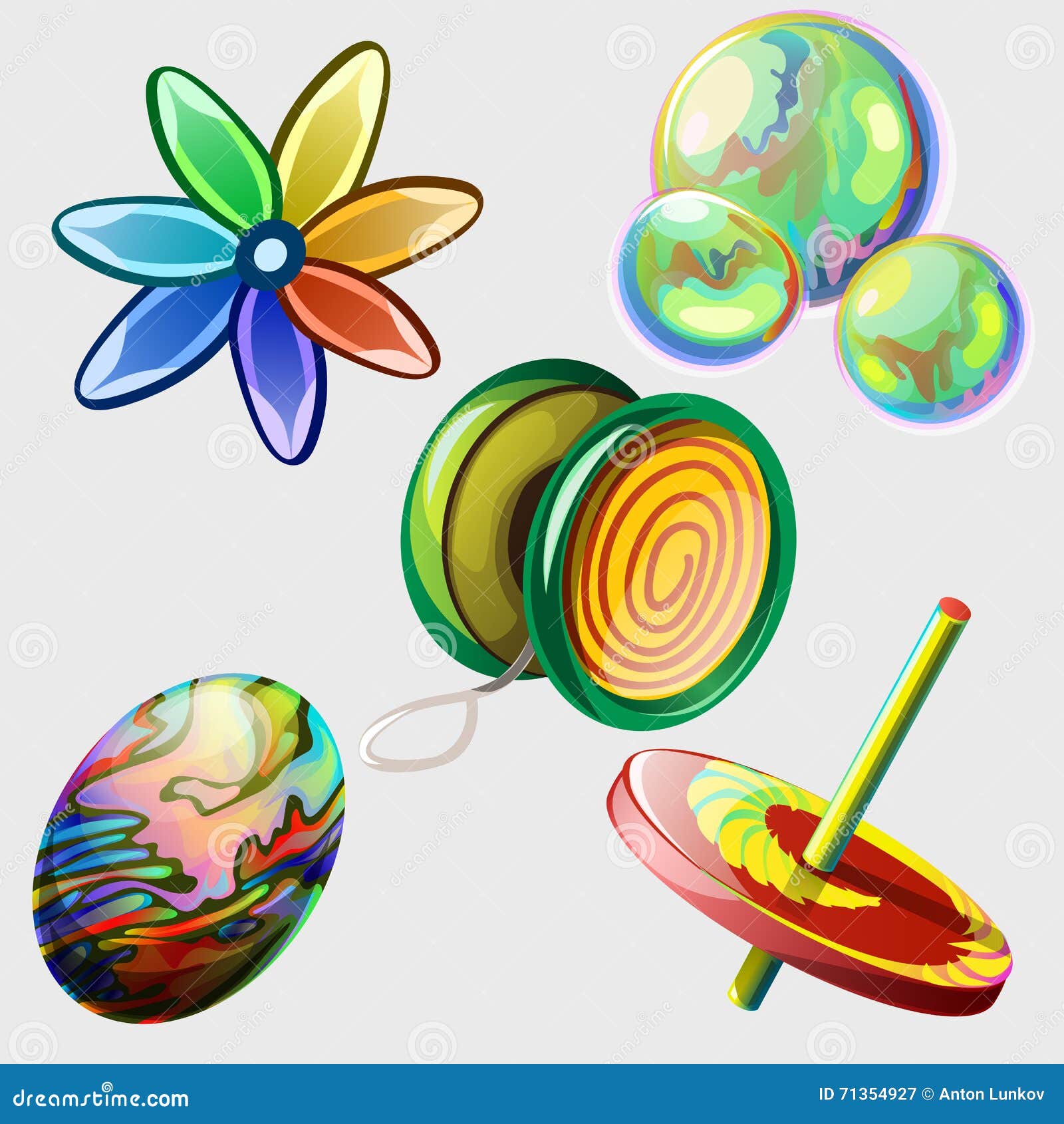 Pinwheel, Bubbles, Ball and Other Toys. Five Items Stock Vector ...