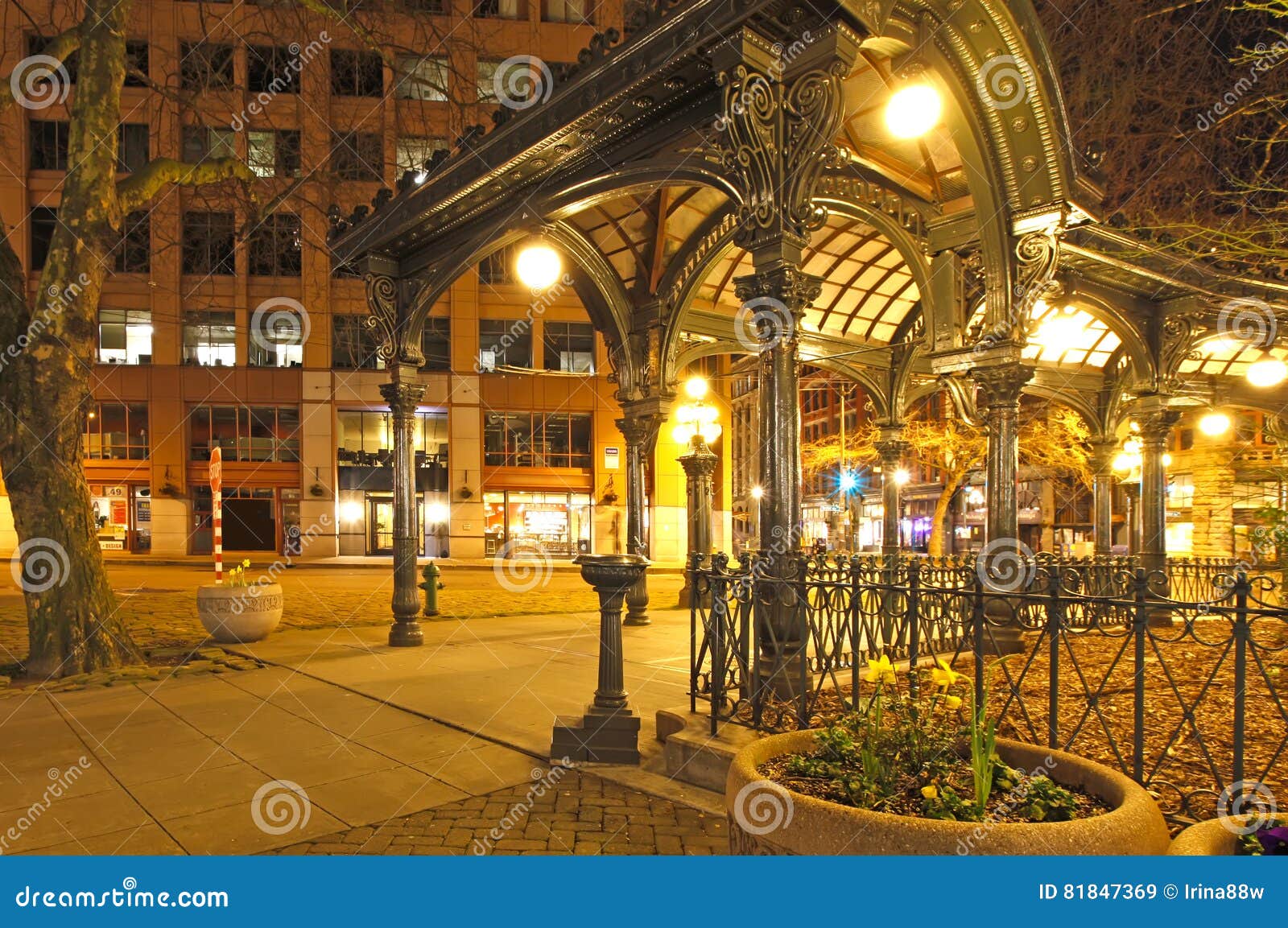 Pioneer Square in Seattle at Early Spring Night. Empty Street. Stock ...