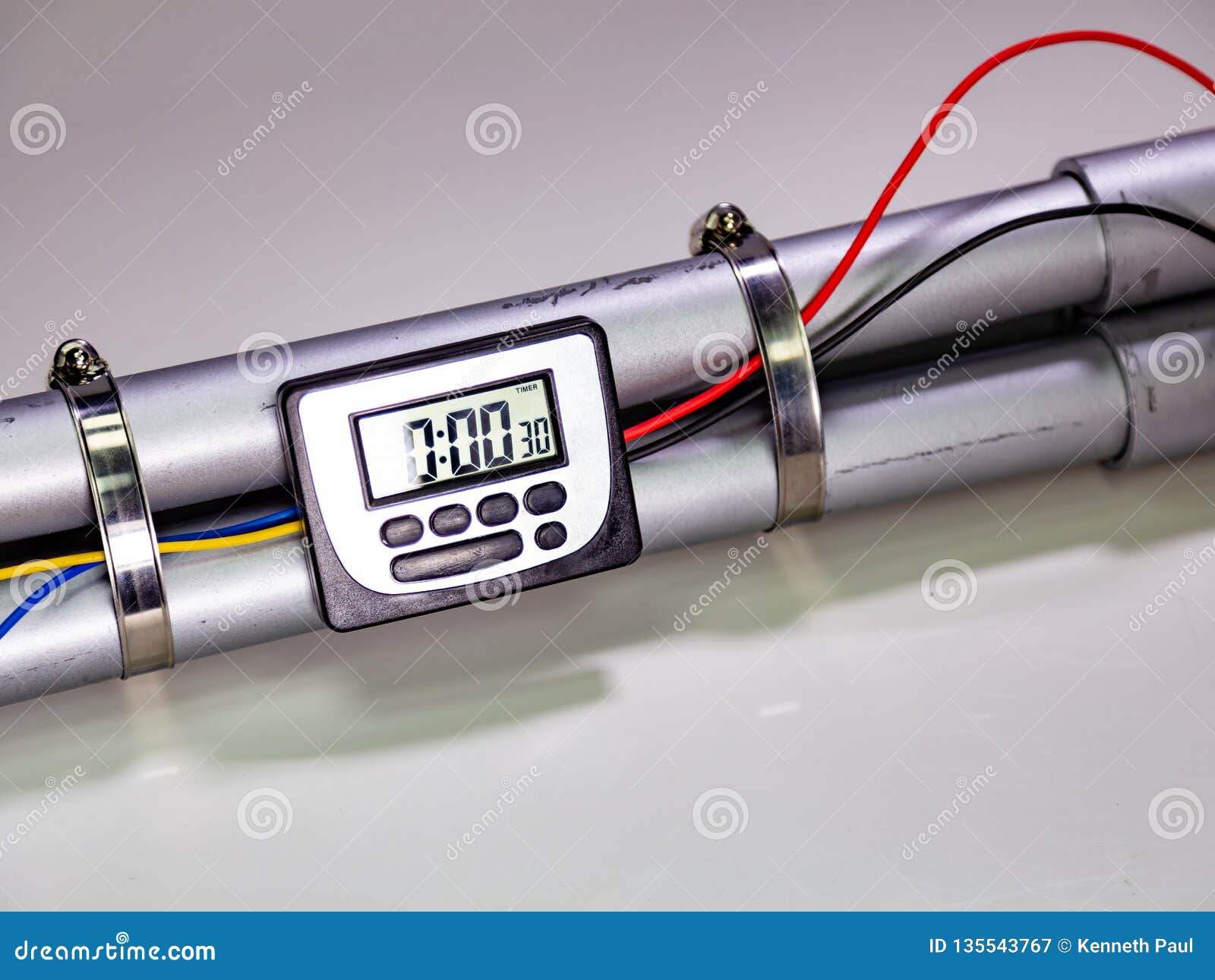 Pipe Bomb with an Clock Timer To Trigger Detonation on White Background ...