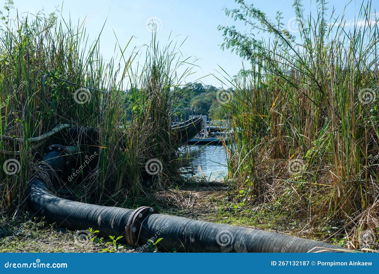 Pipe is Installed Along the Bridge on the Pipe Support. Water Steel ...