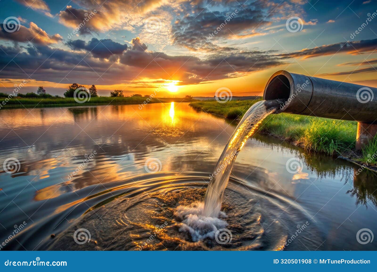 A Pipe is Pouring Water into a River at Sunset Stock Illustration ...