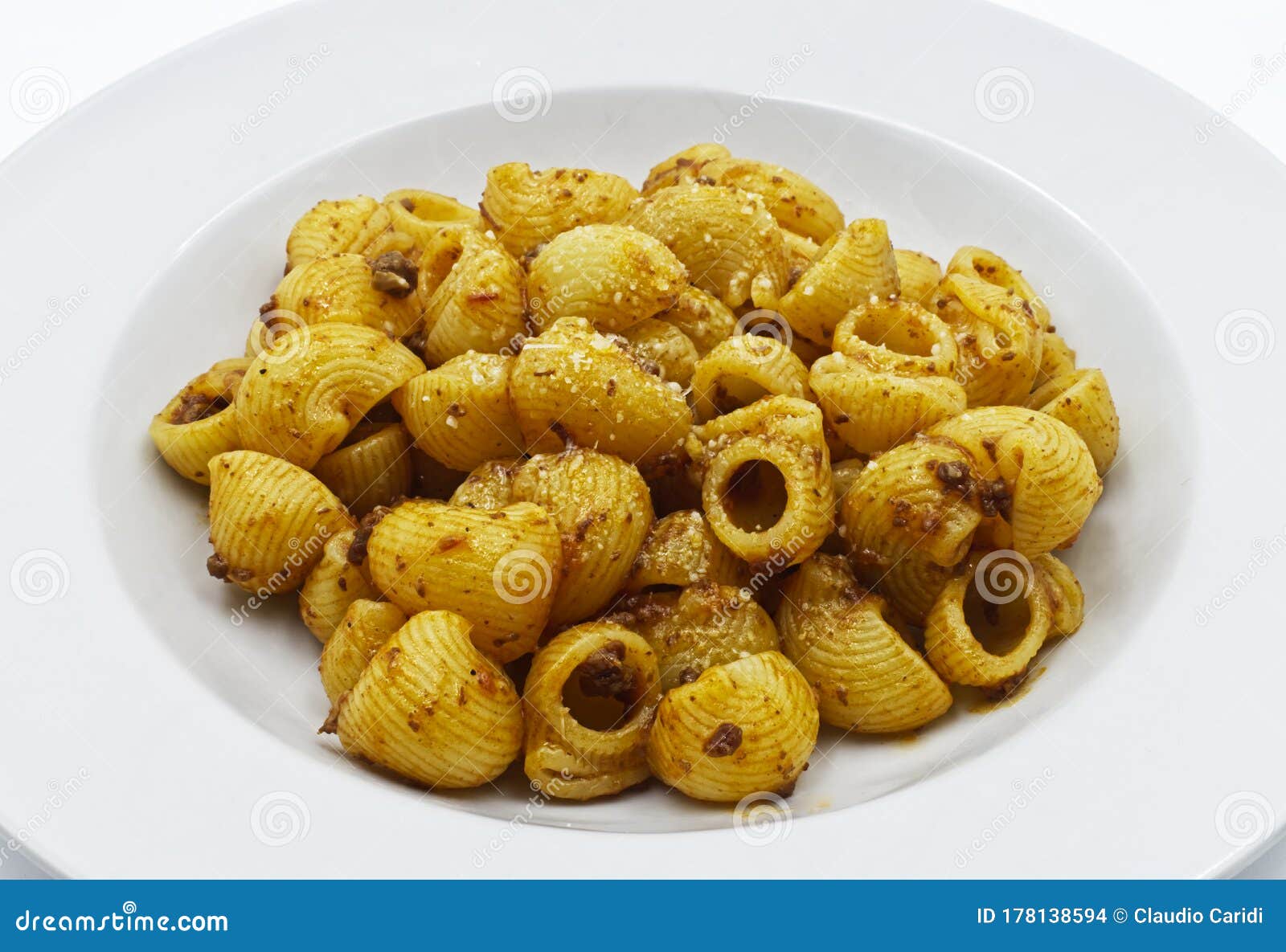 Pipe Rigate Pasta, Lined Pipe Pasta with Bolognese Sauce in White Dish ...