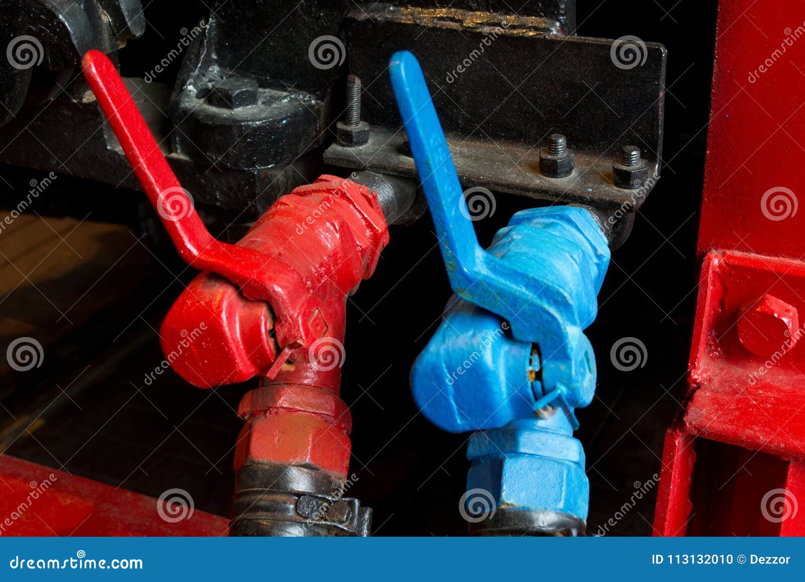 Two Big Blue Tap Or Valve Or Faucet On Water Pipe On Gray Industrial ...