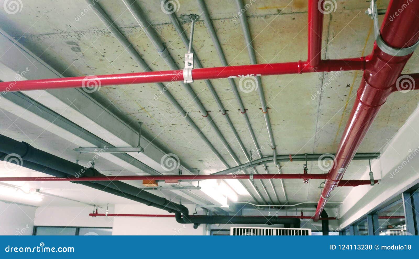 Red fire protection pipe stock photo. Image of pipe - 124113230