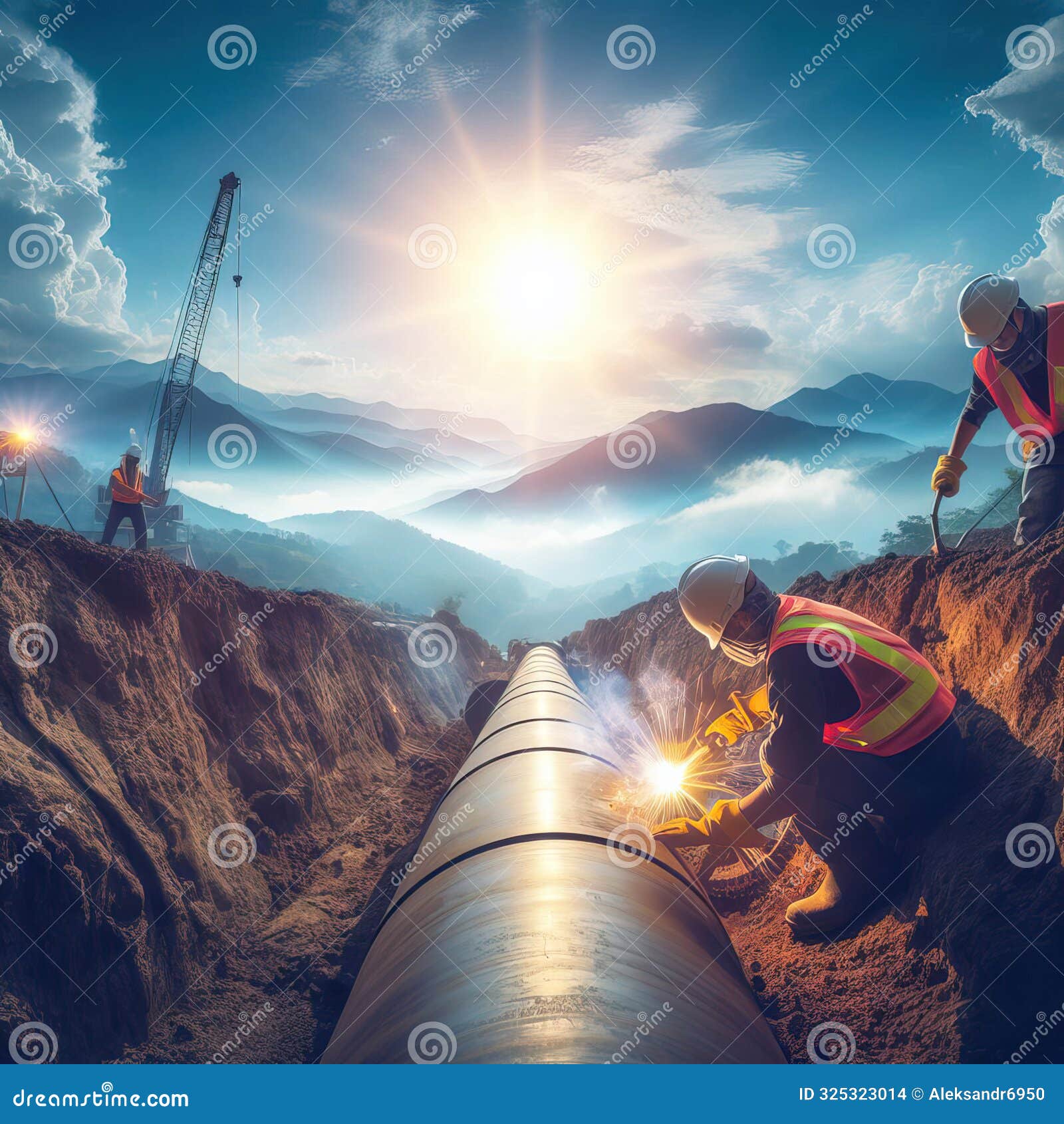 Pipeline Construction. Water Pipe Sections, Industrial Tube Pipes ...