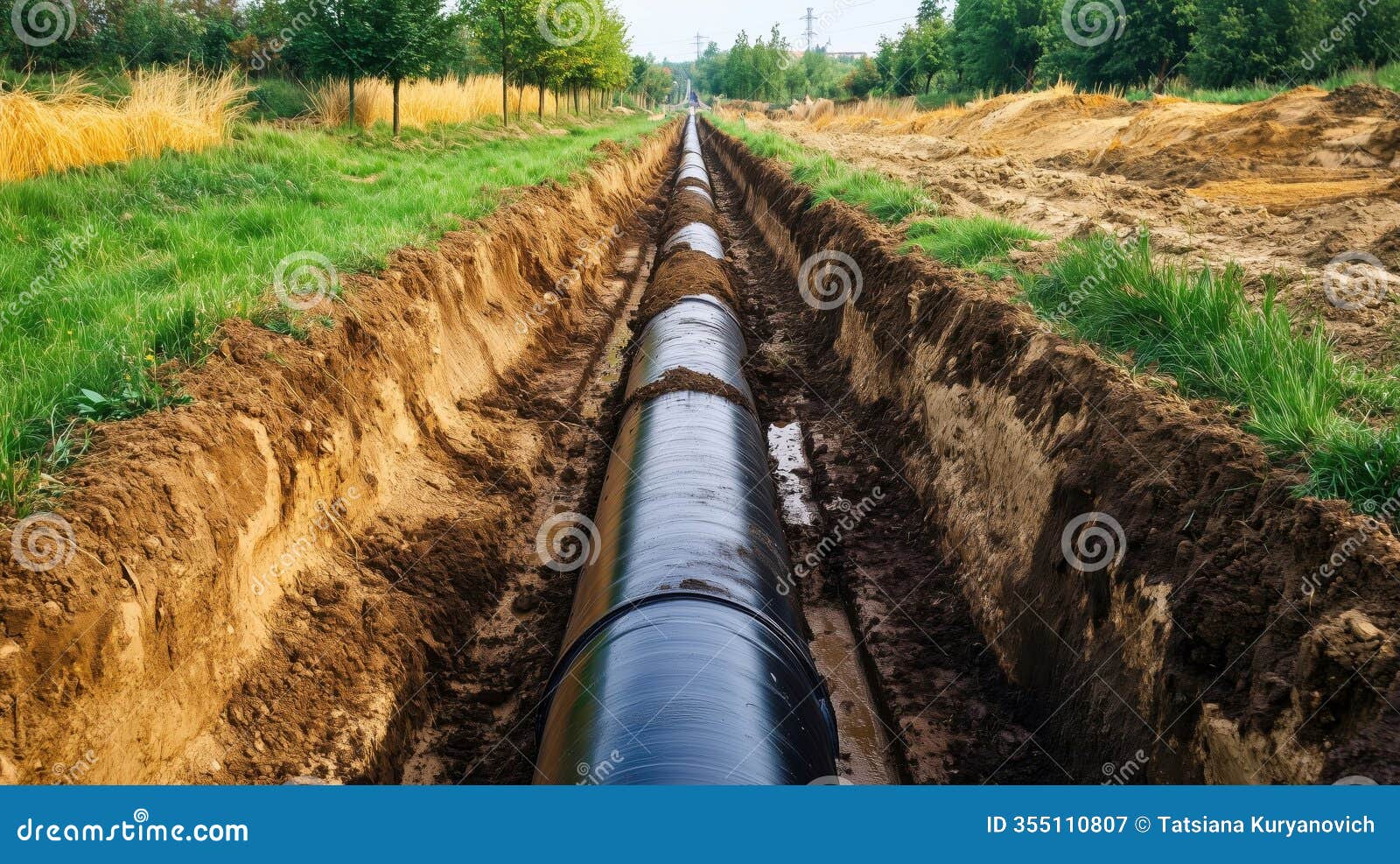 Pipeline Installation in Trench with Surrounding Greenery Stock Image ...