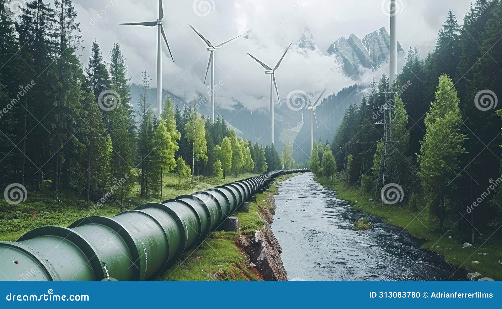 Pipeline Running through a Forest with Wind Turbines and Mountain ...