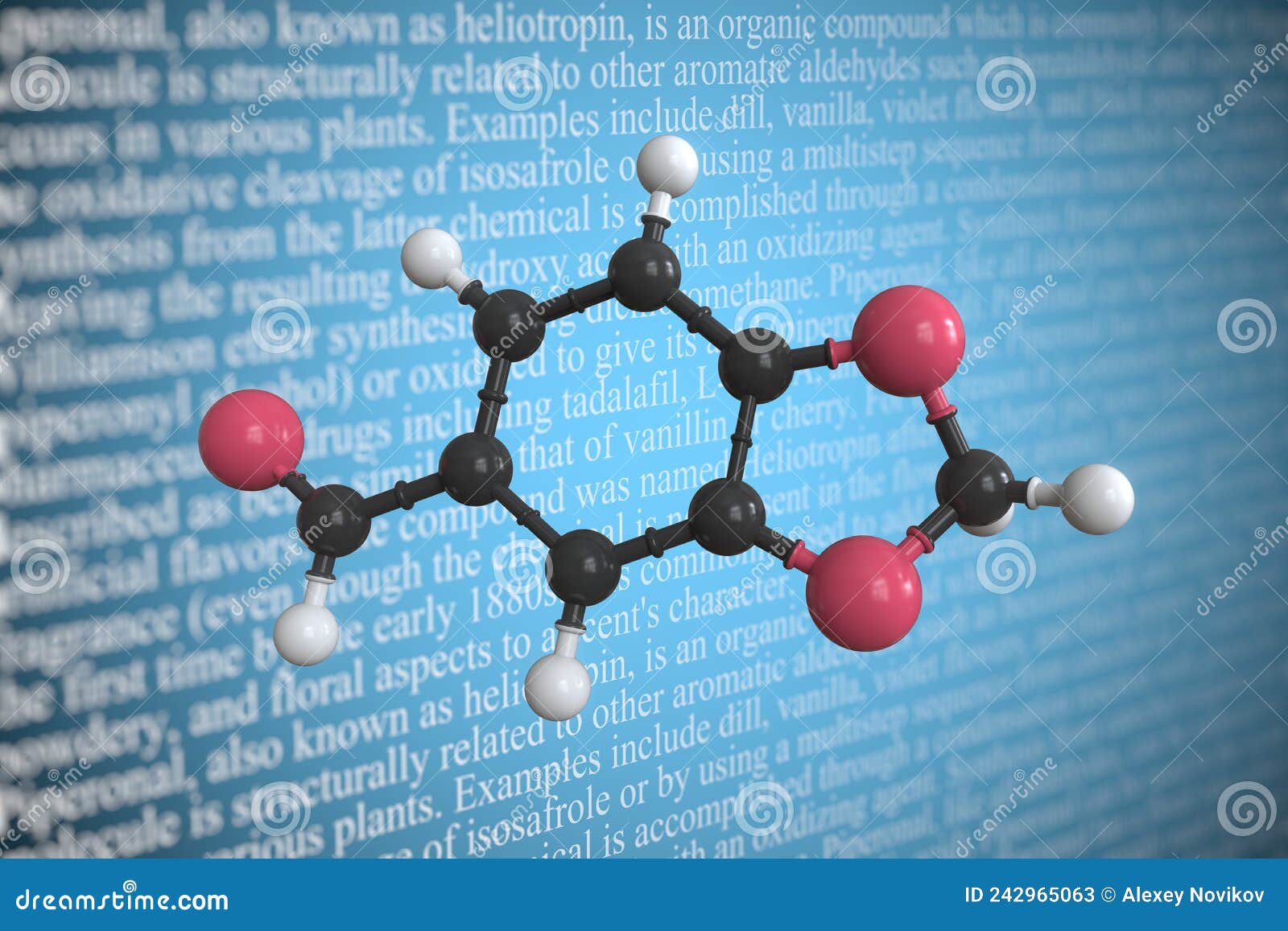Piperonal Scientific Molecular Model, 3D Rendering Stock Illustration ...