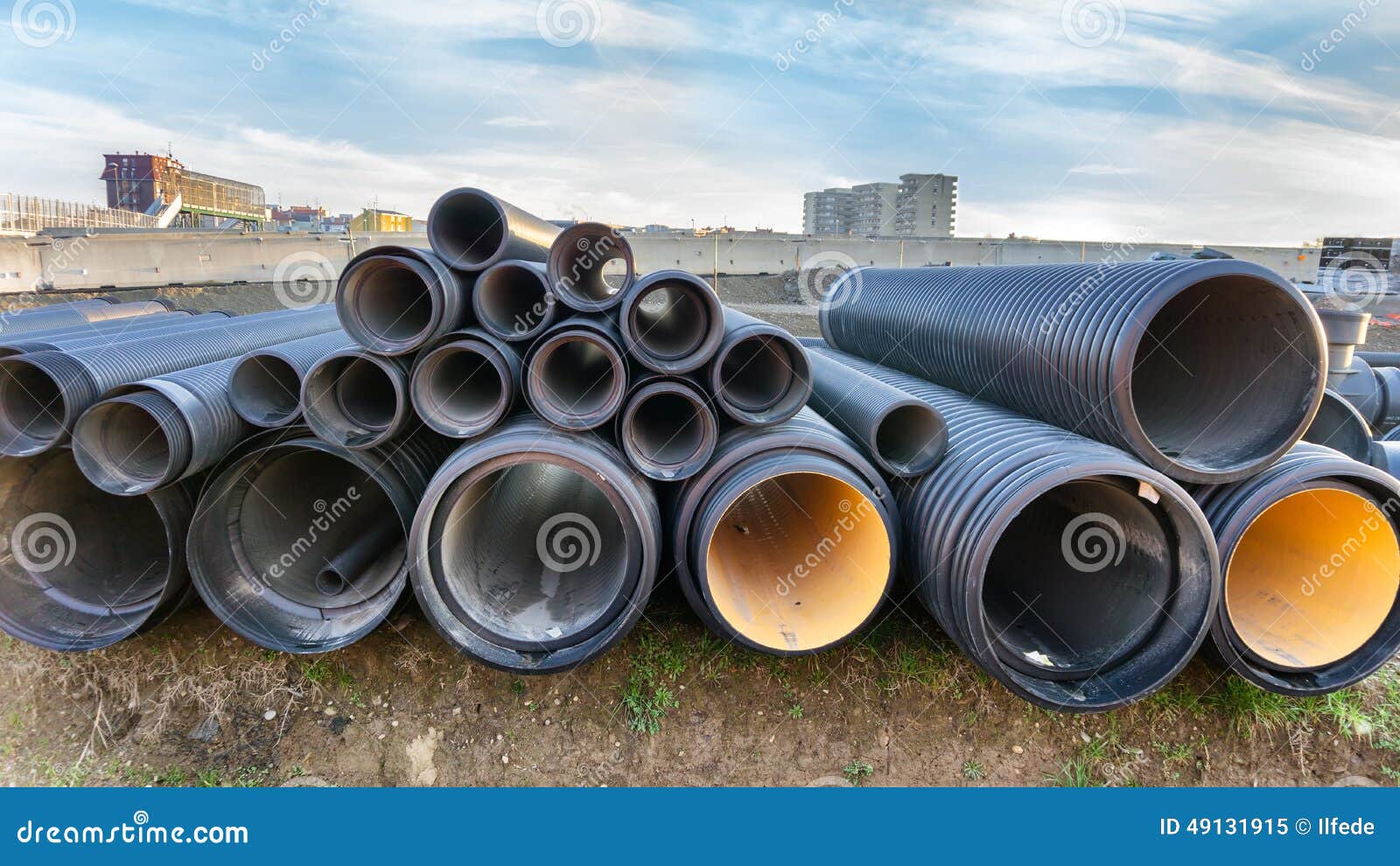 Pipes in construction site stock image. Image of sewage - 49131915
