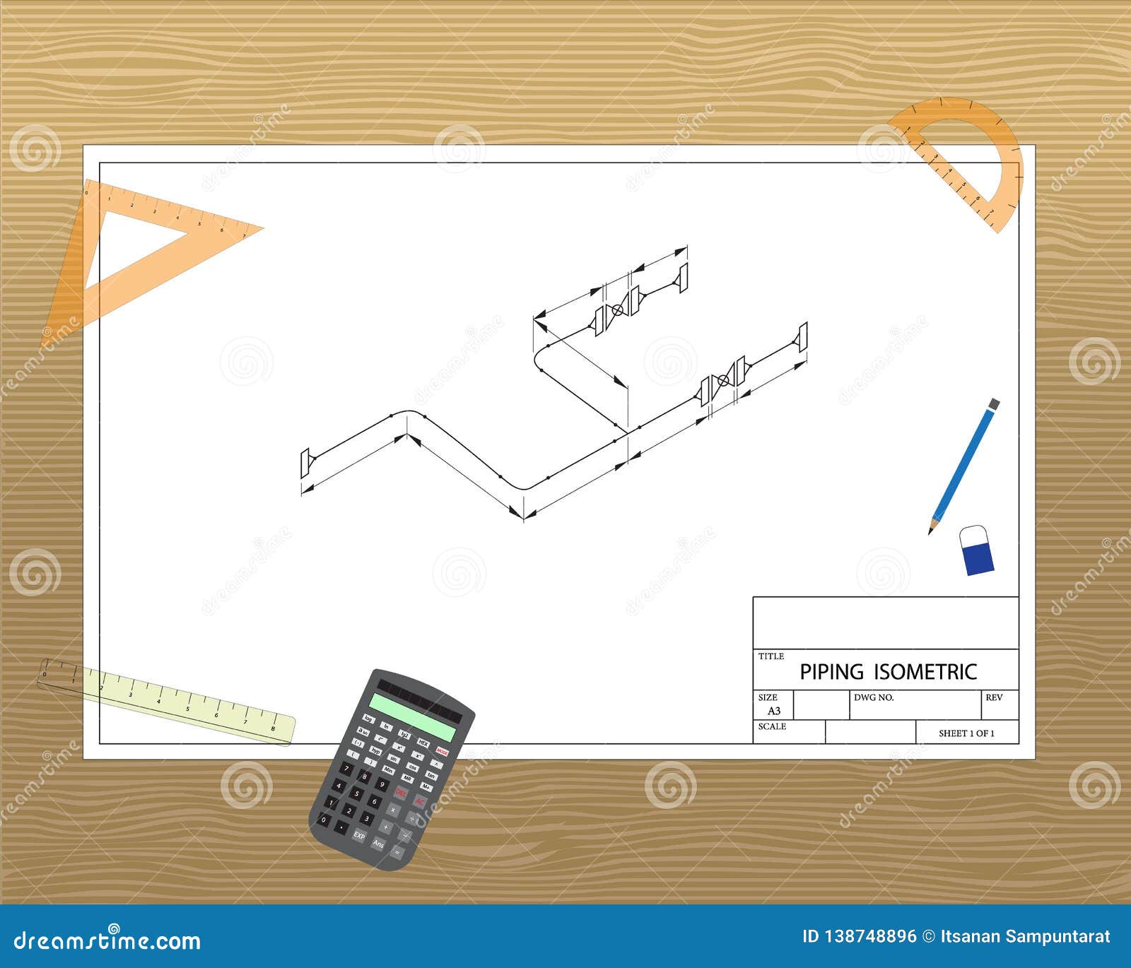 Piping Isometric Engineering Drawing on Desk Stock Vector ...