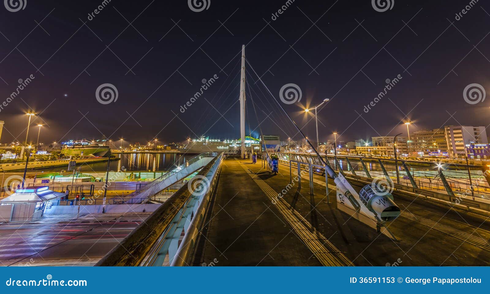 Piraeus port at night editorial stock photo. Image of footbridge - 36591153