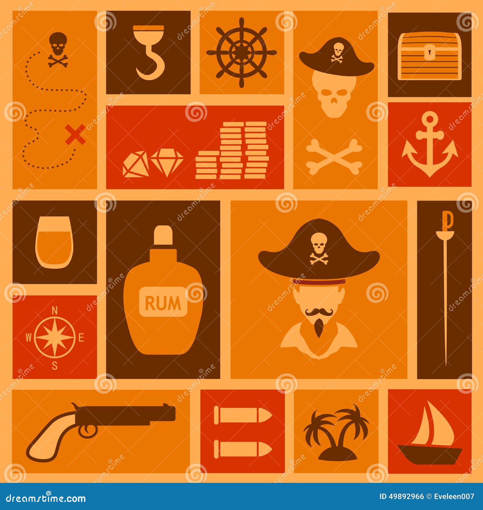Pirate Background With Captain, Map And Ship On Blue Cartoon Vector ...