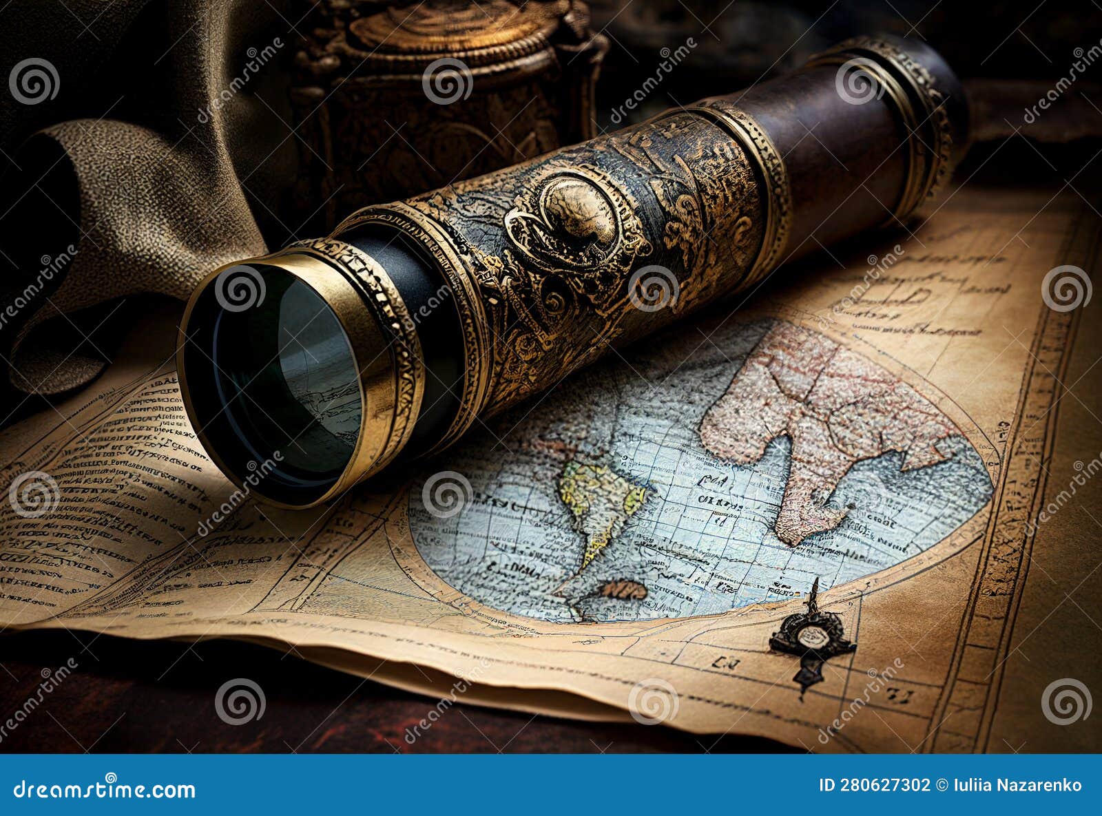 Pirate Binoculars Lie on Old Maps. AI Generated Stock Illustration - Illustration of compass ...