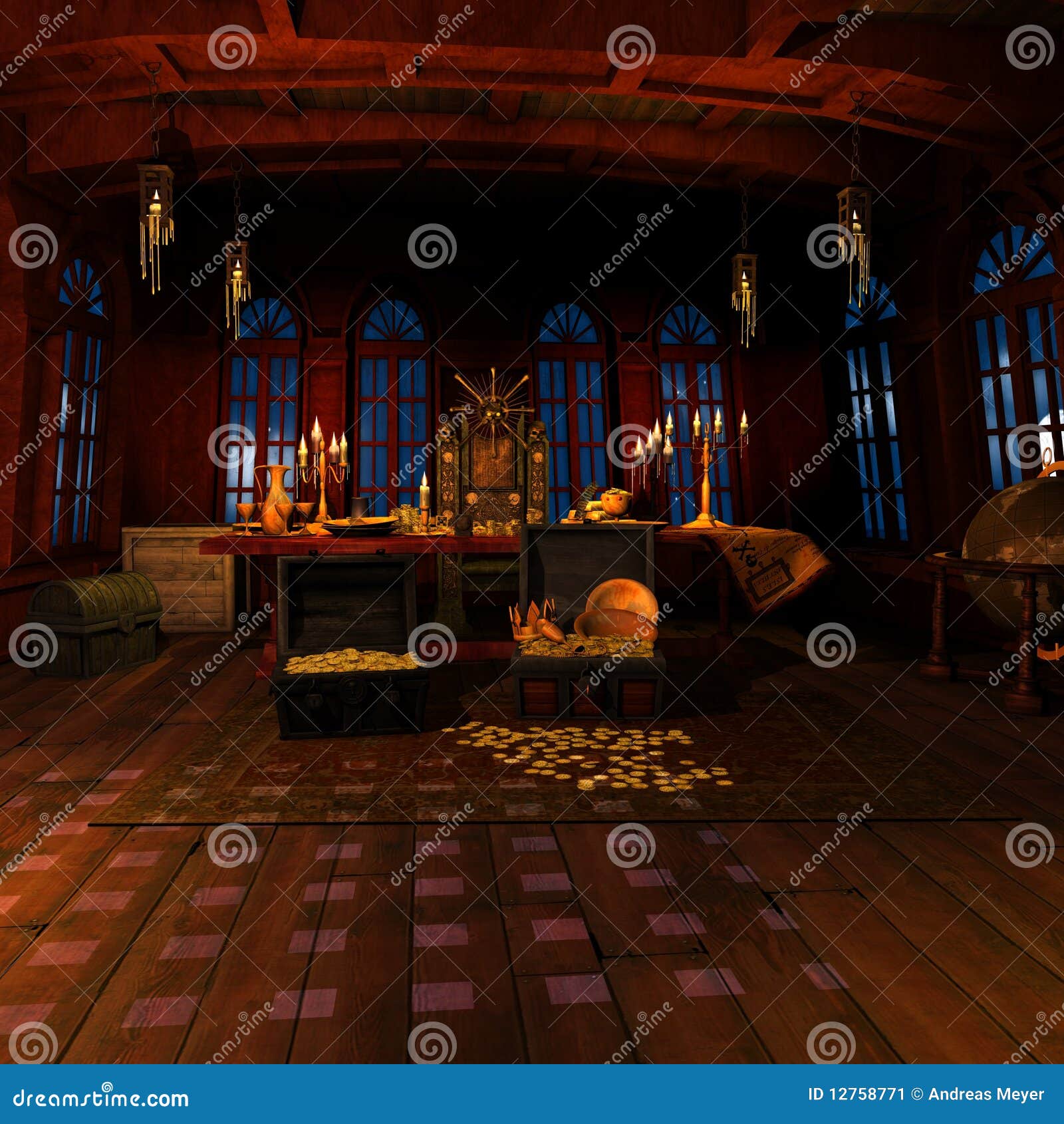 Pirate Captains Table With Treasure Map, Candles And Bottle Of Rum ...