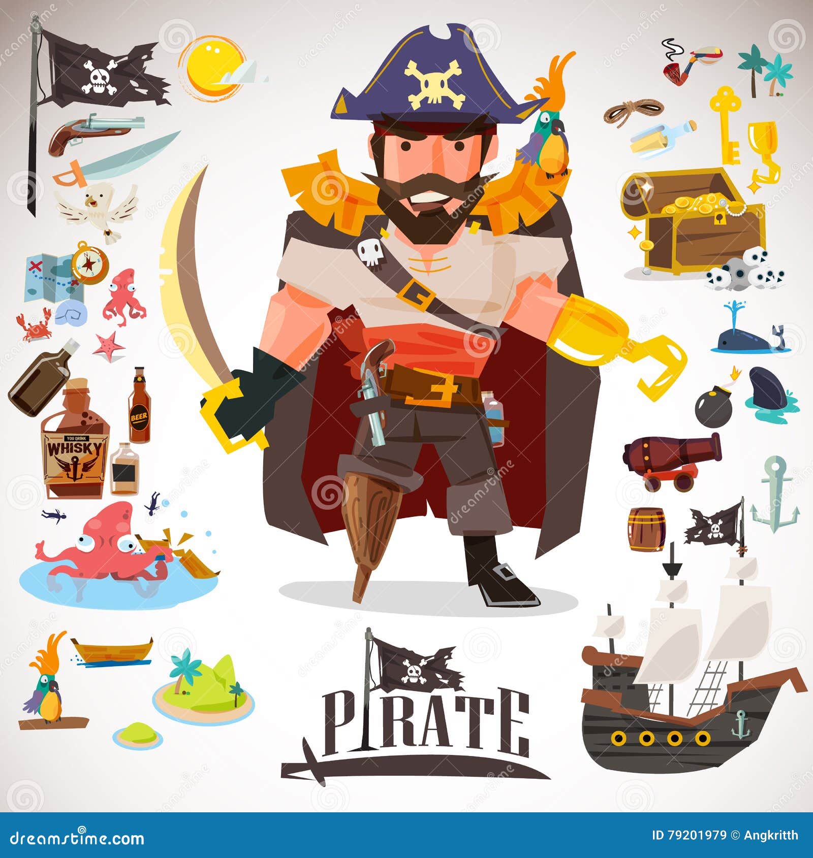 Pirate Character Design with Icons Element. Typographic Design Stock ...