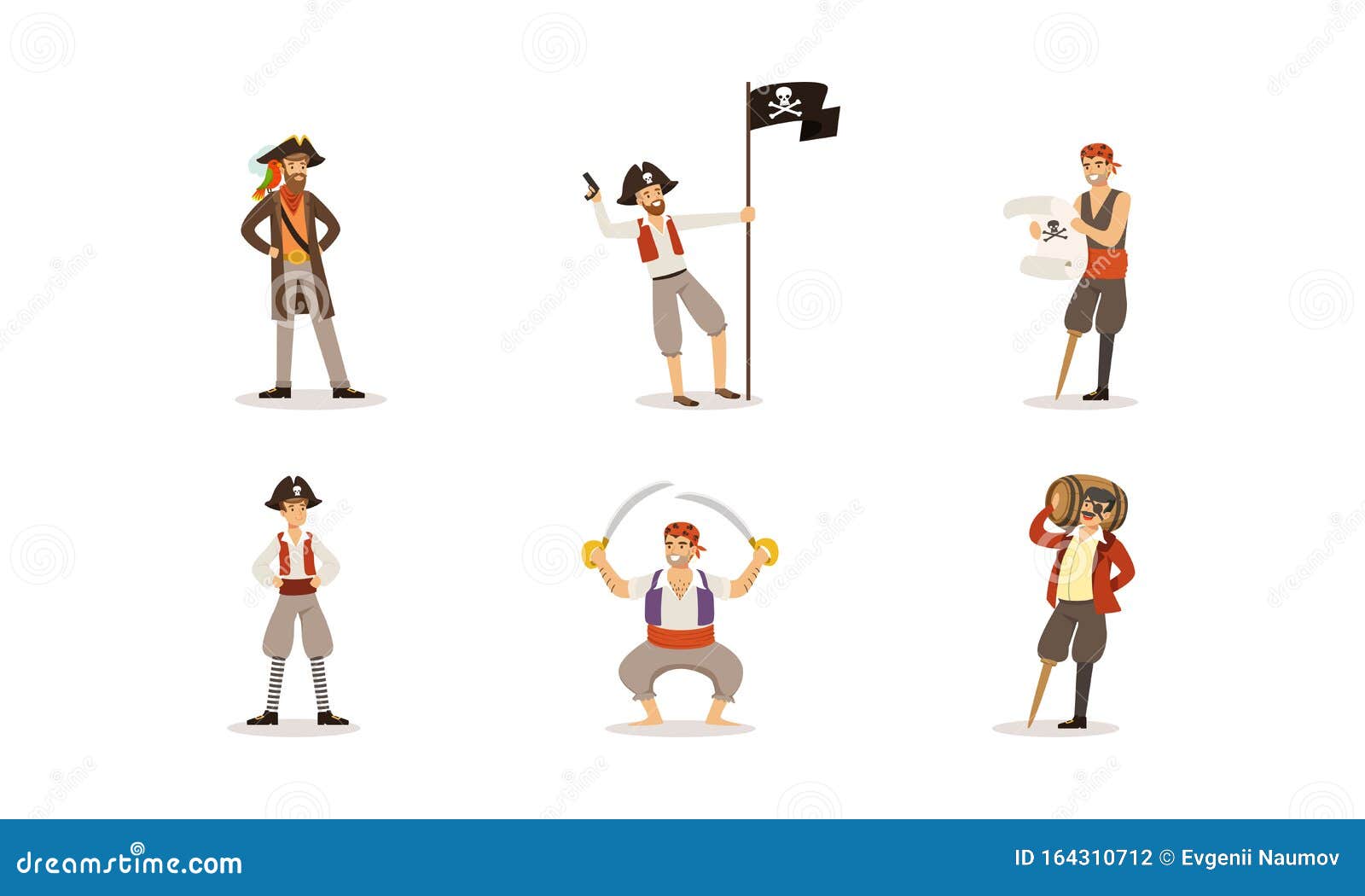 Pirate Characters Posing In Different Situations Vector Illustrations ...