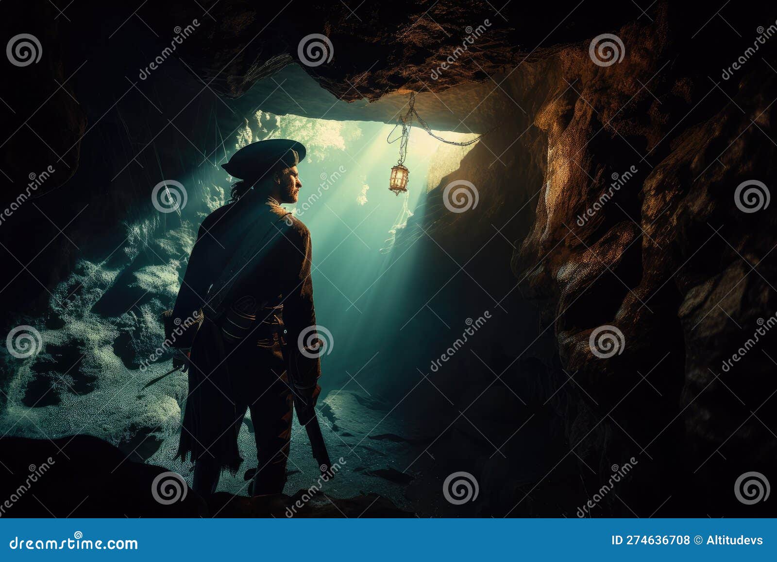 Pirate Exploring Hidden Cavern, with View of Glowing Underwater Cave ...