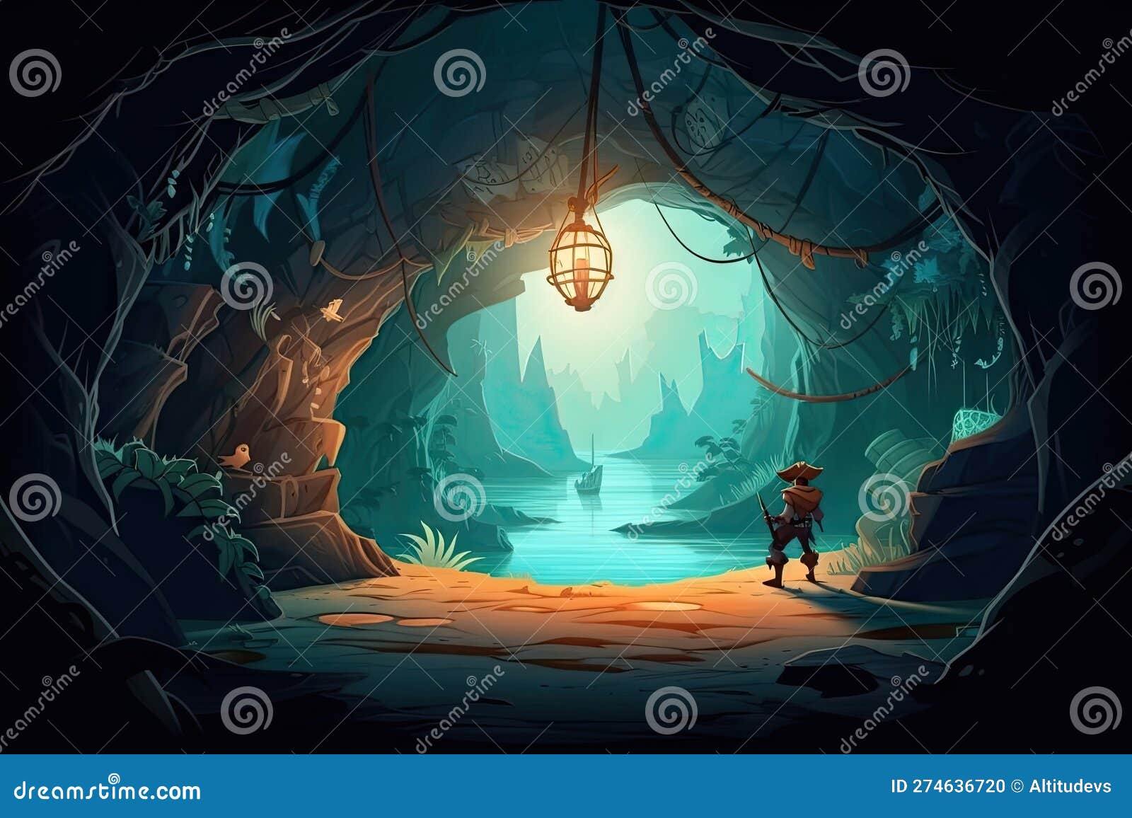 Pirate Exploring Hidden Cavern, with View of Glowing Underwater Cave ...