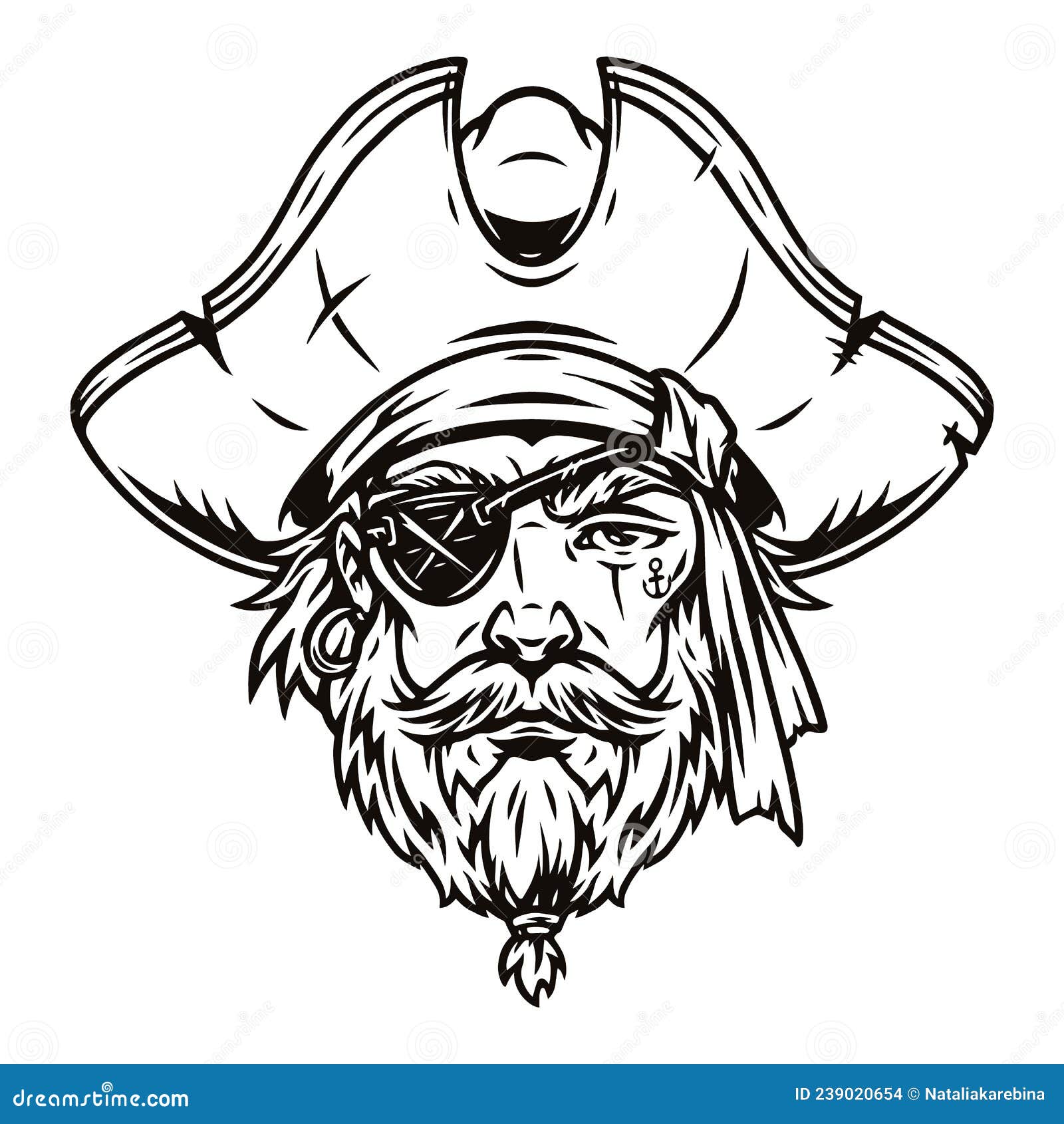 Pirate Face Wearing Hat and Eye Patch, Monochrome Vintage Vector Stock ...