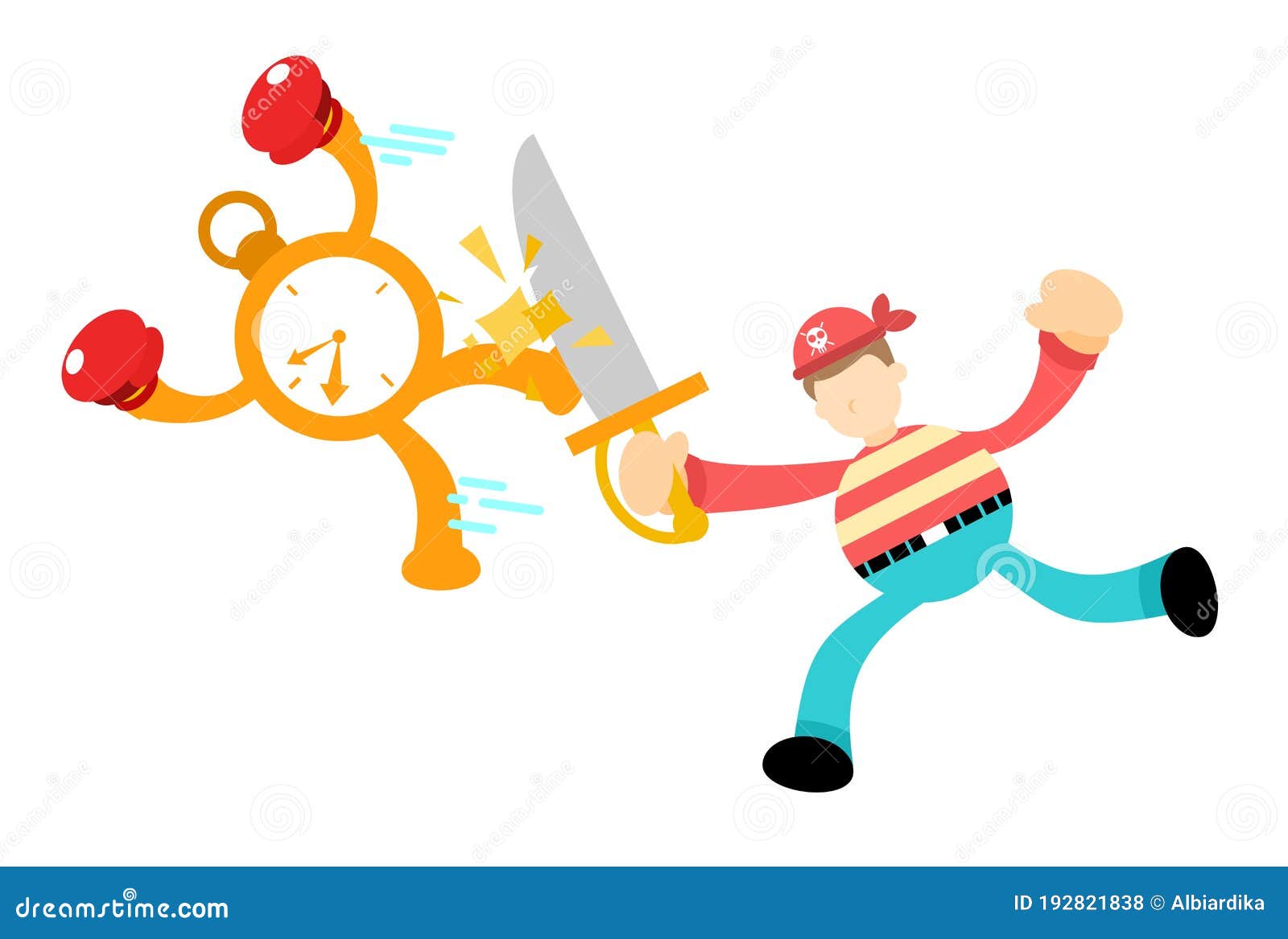 Pirate Sailor People Man Fight Boxing with Clock Time Cartoon Doodle ...