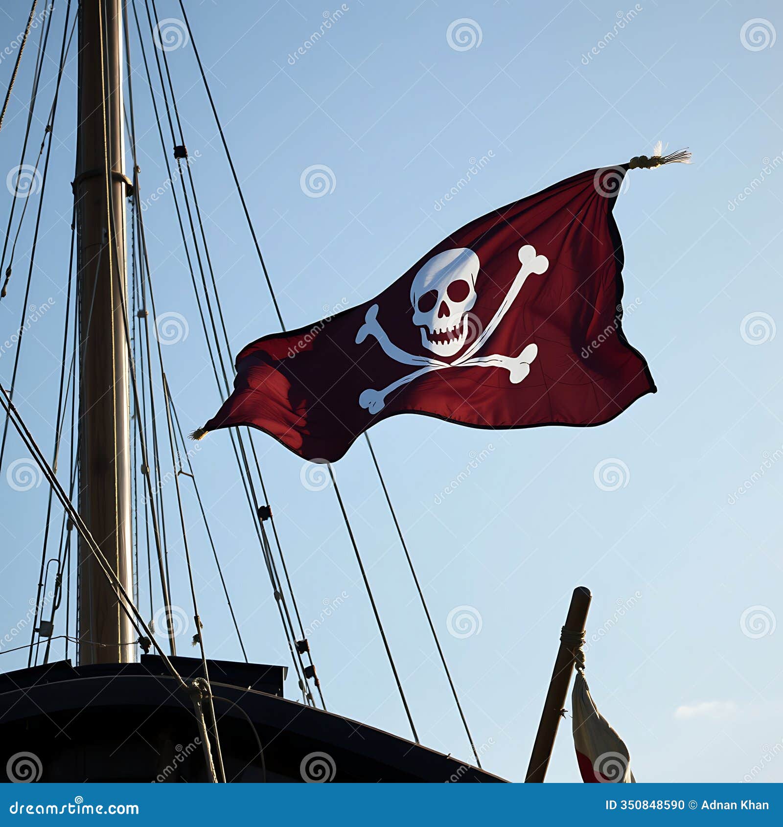 A Pirate Flag Flapping in the Wind on the Mast of a Wooden Ship Stock ...