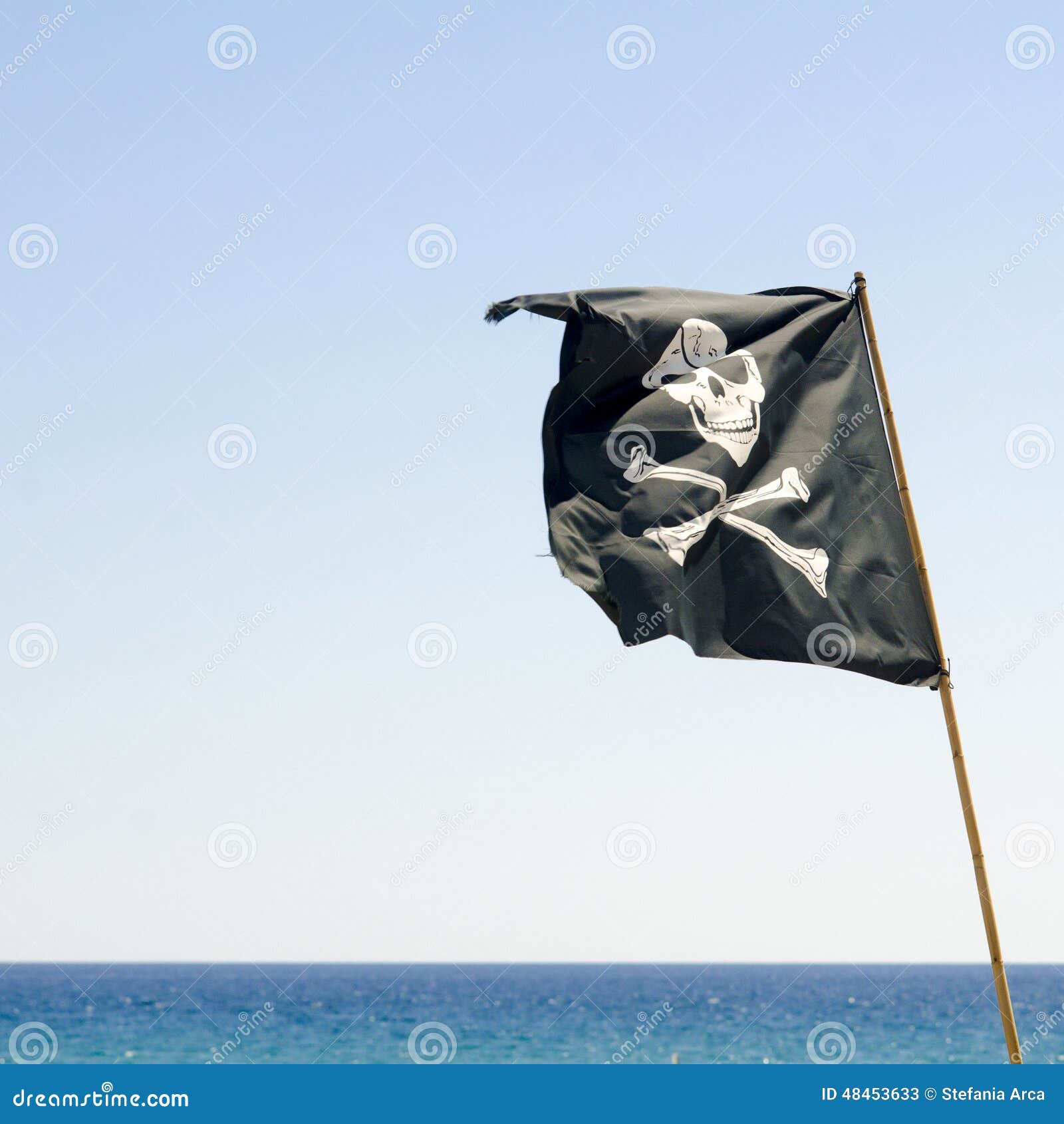 Pirate Flag Waving with Blue Sea Background Stock Image - Image of hook ...