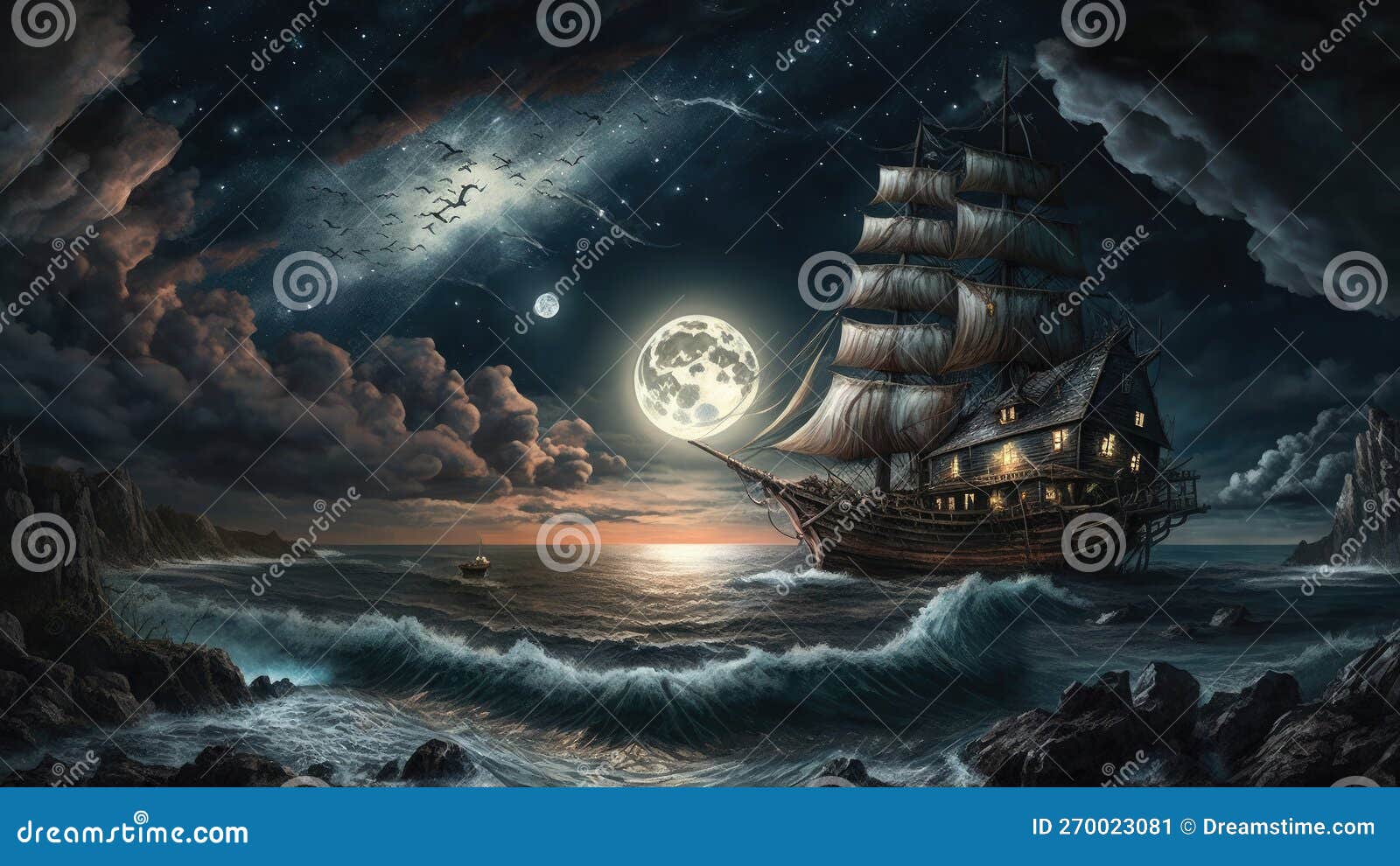 Pirate on full moon stock illustration. Illustration of ocean - 270023081