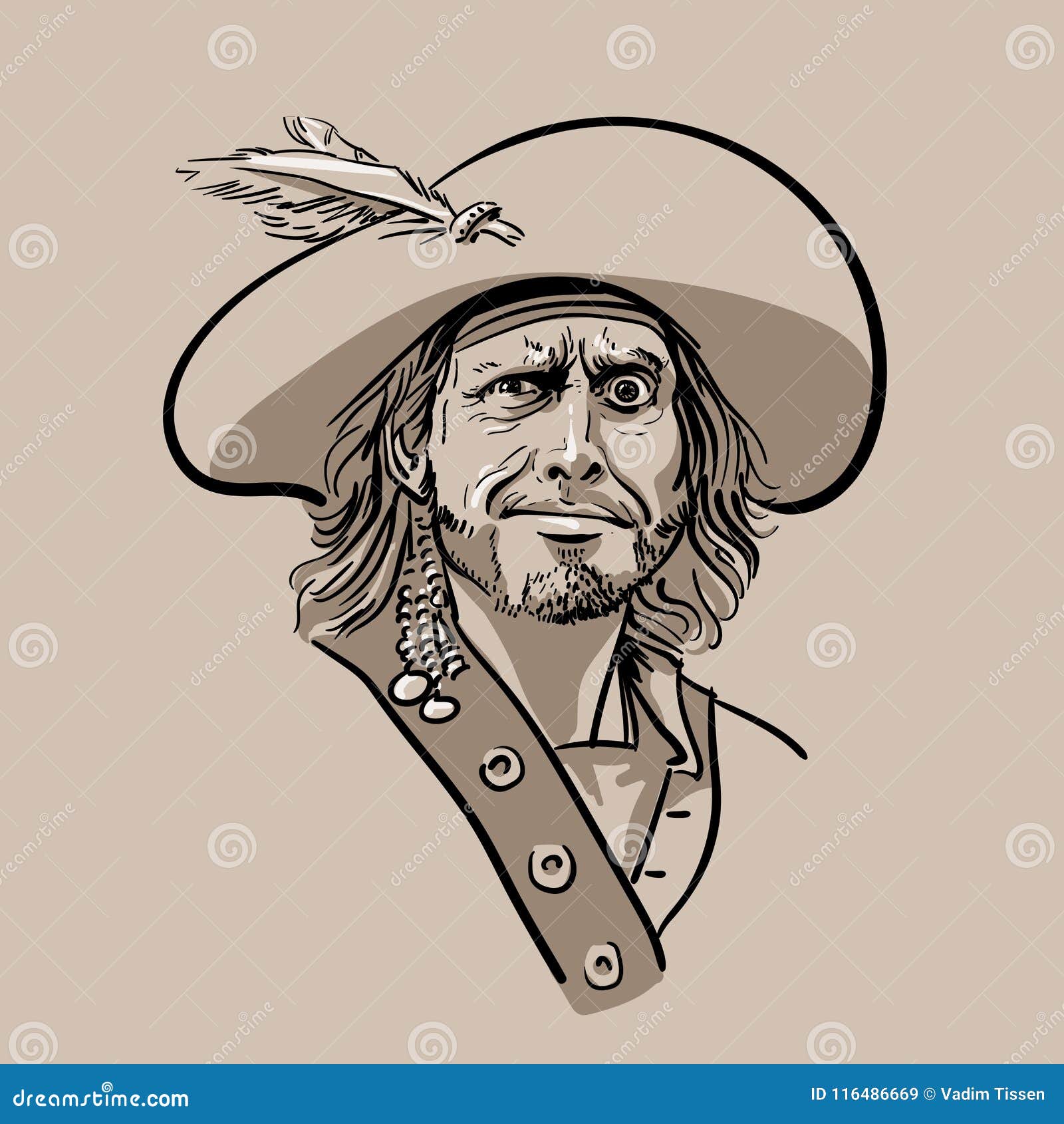 Pirate with Hat. Portrait. Digital Sketch Hand Drawing Vector Stock ...